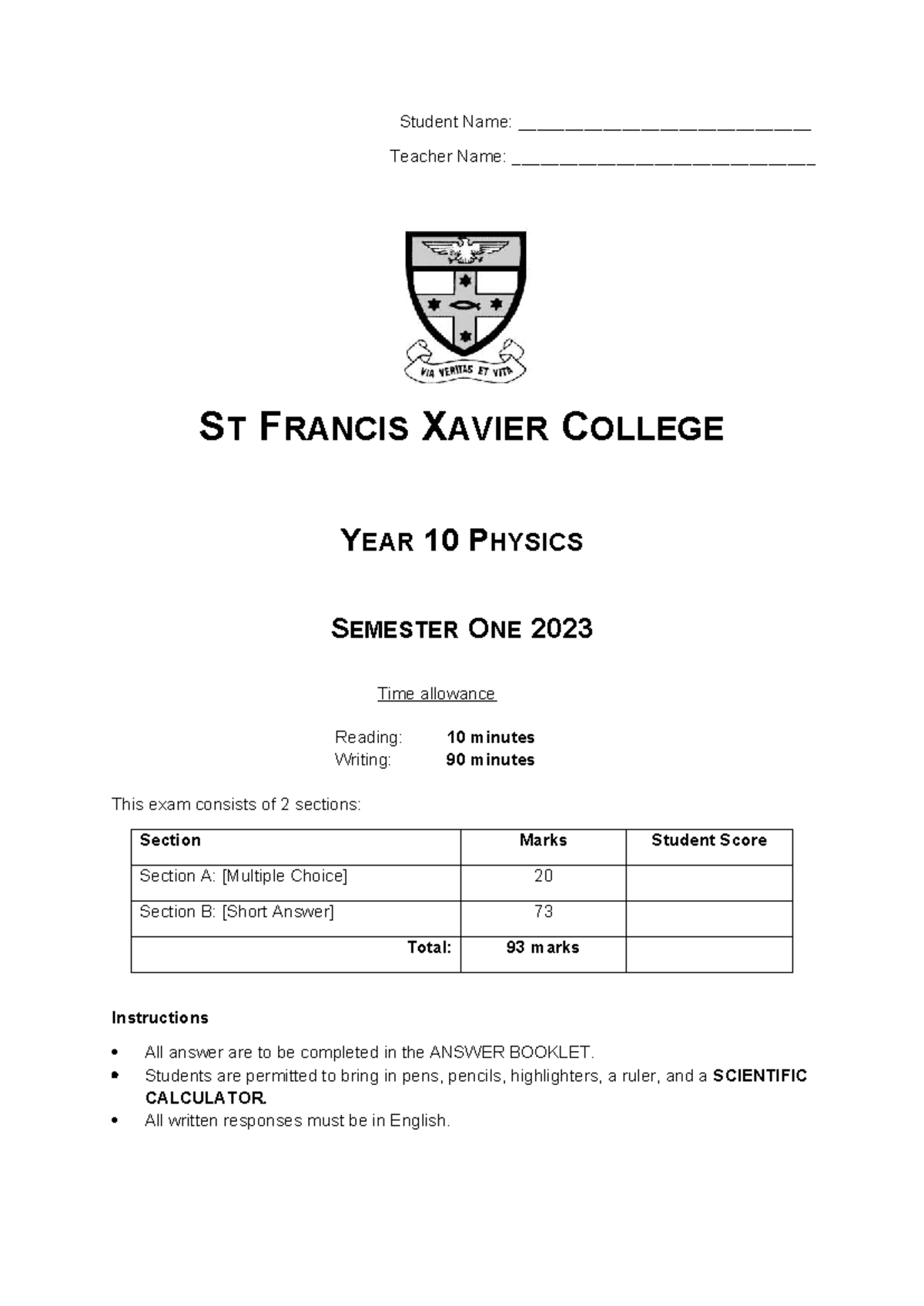 2023 Year 10 Physics Sem 1 Exam MCQ Booklet - Studocu