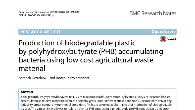 Production of Biodegradable Plastic from Agricultural Waste: PHB ...