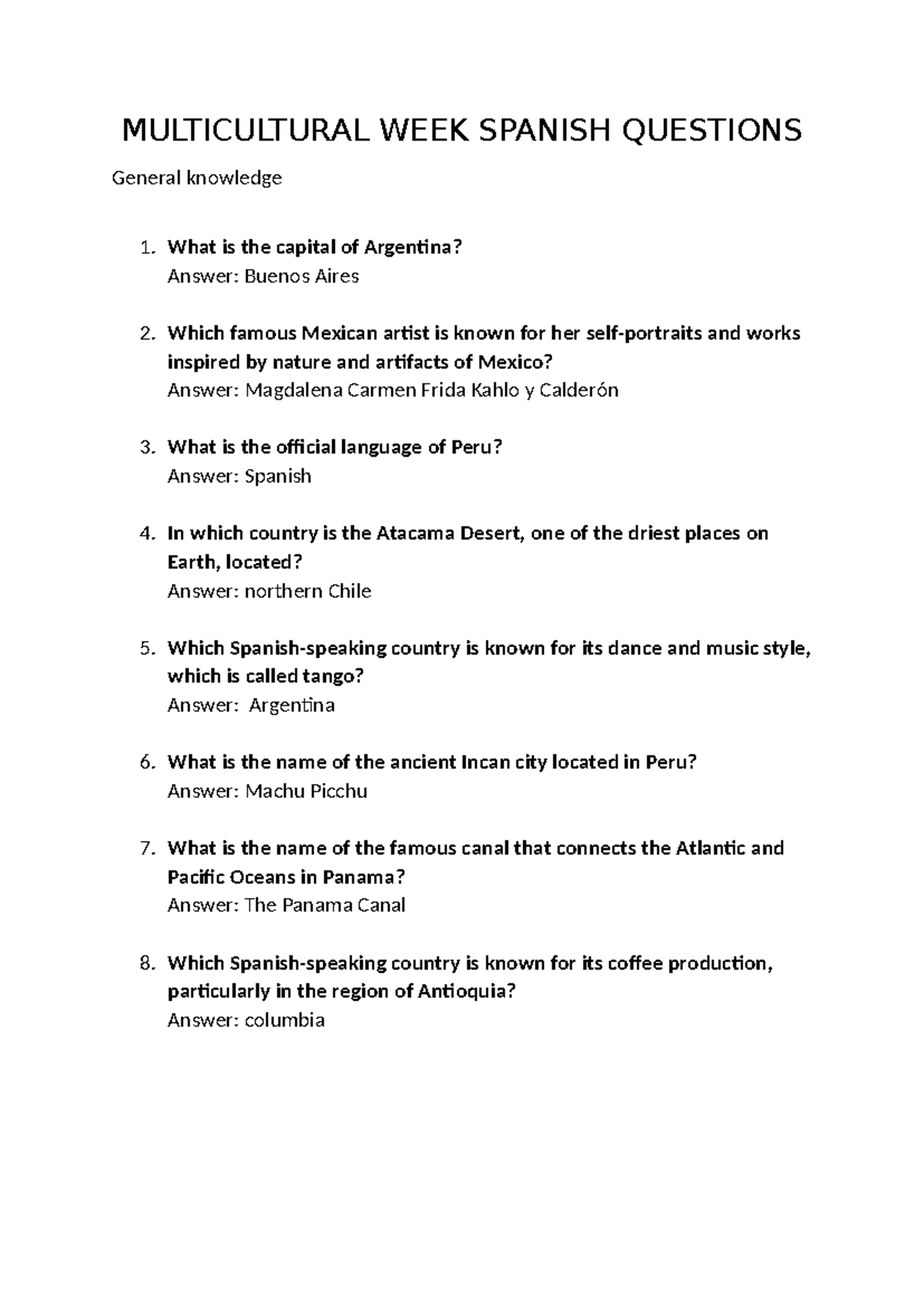 MULTICULTURAL WEEK SPANISH QUIZ: General Knowledge Questions - Studocu