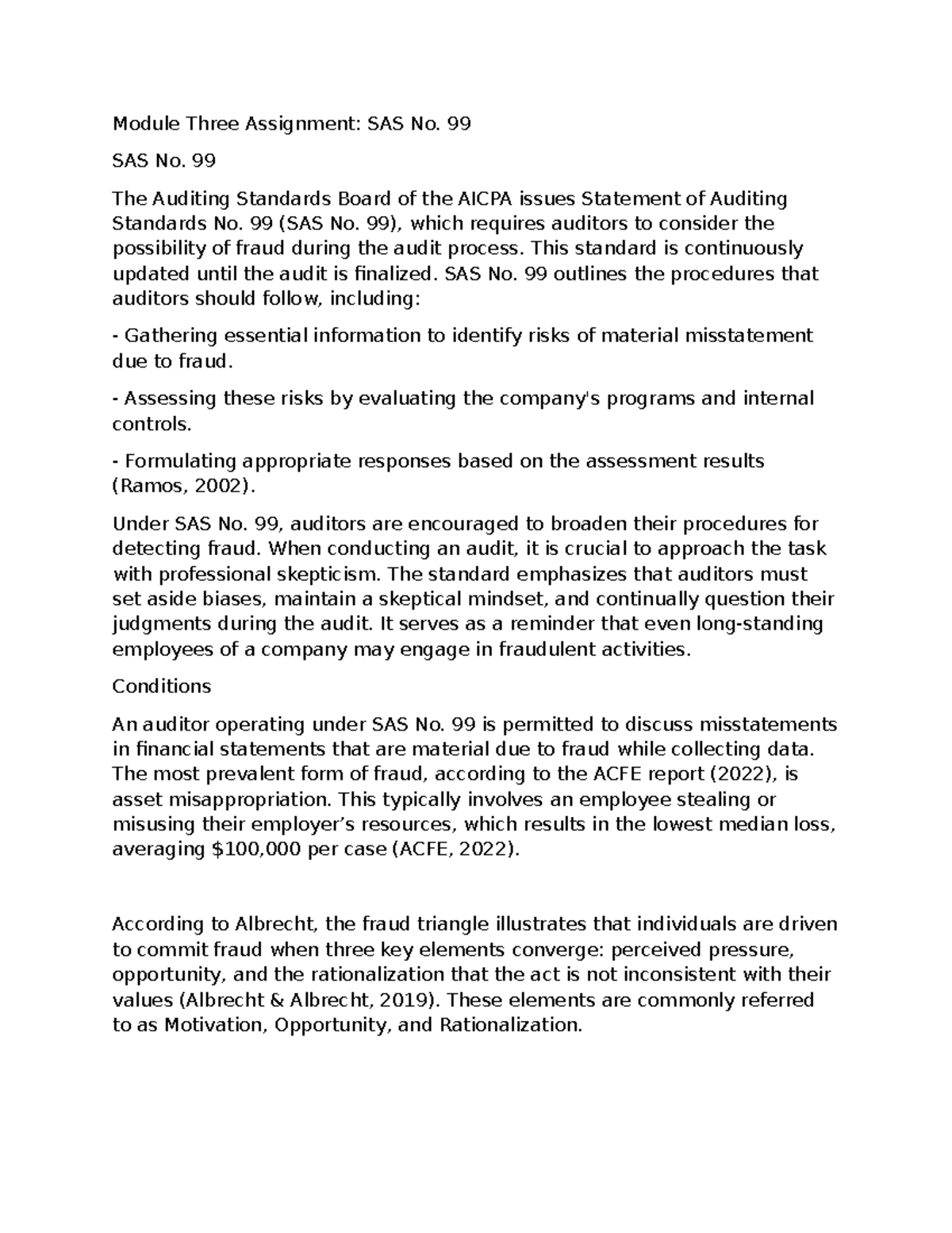 Acc 427 Module 3 Assignment: Understanding SAS No. 99 and Fraud ...