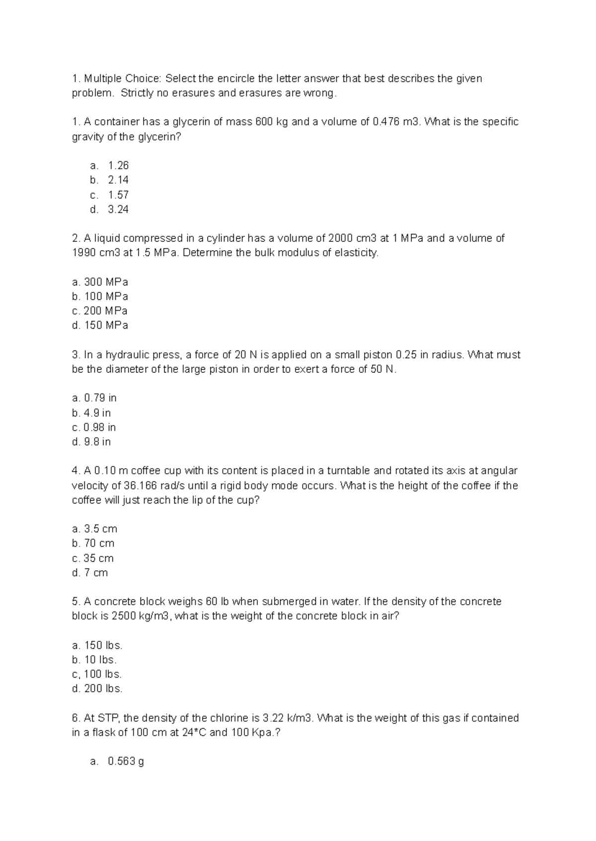 Fluids - Lecture: Multiple Choice Questions and Answers - Studocu