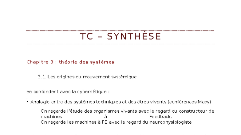 TC SYNTHÈSE Chapitre 3 : Théorie des Systèmes et Mouvement Systémique ...