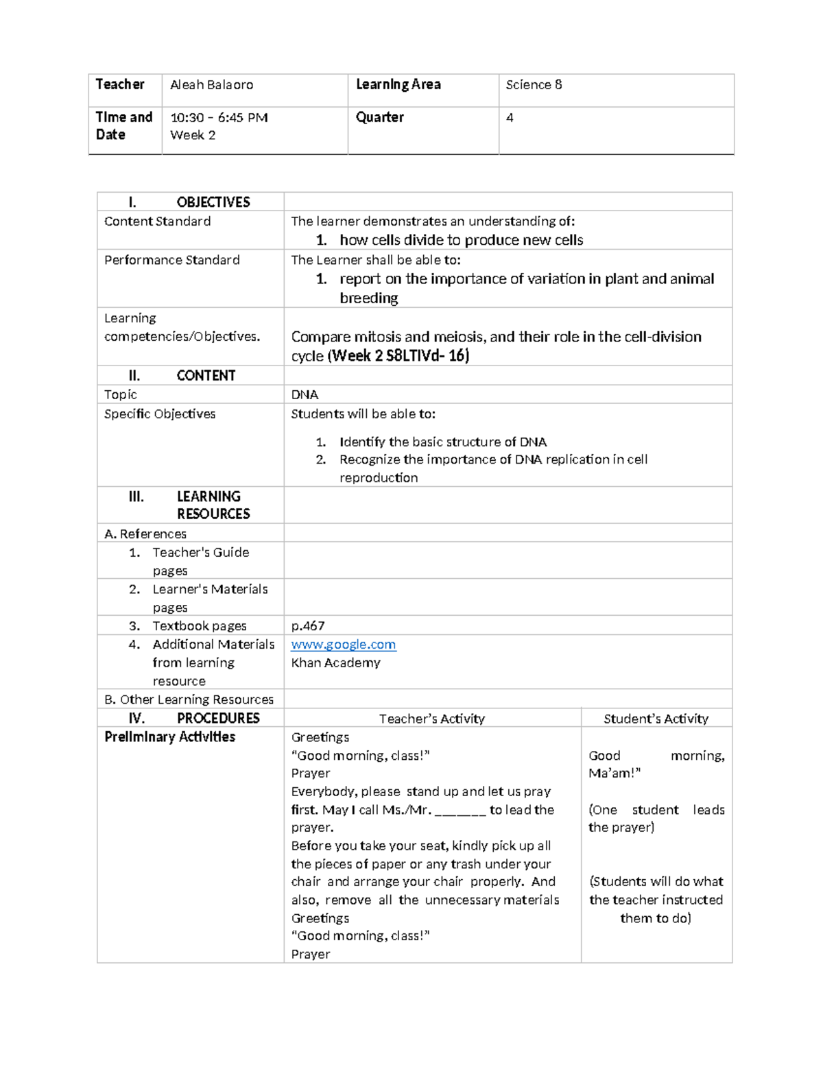 Science 8 Lesson Plan: DNA Structure & Cell Division (Week 2, Q4) - Studocu