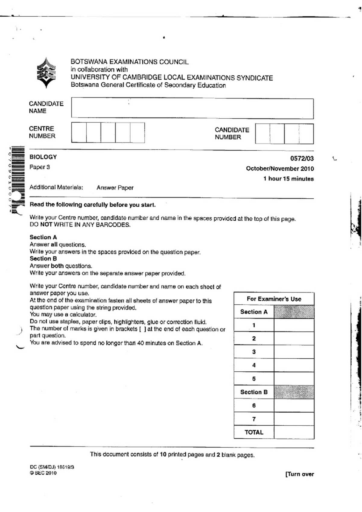BIO P3 2010 - Botswana General Certificate Exam Paper - Studocu