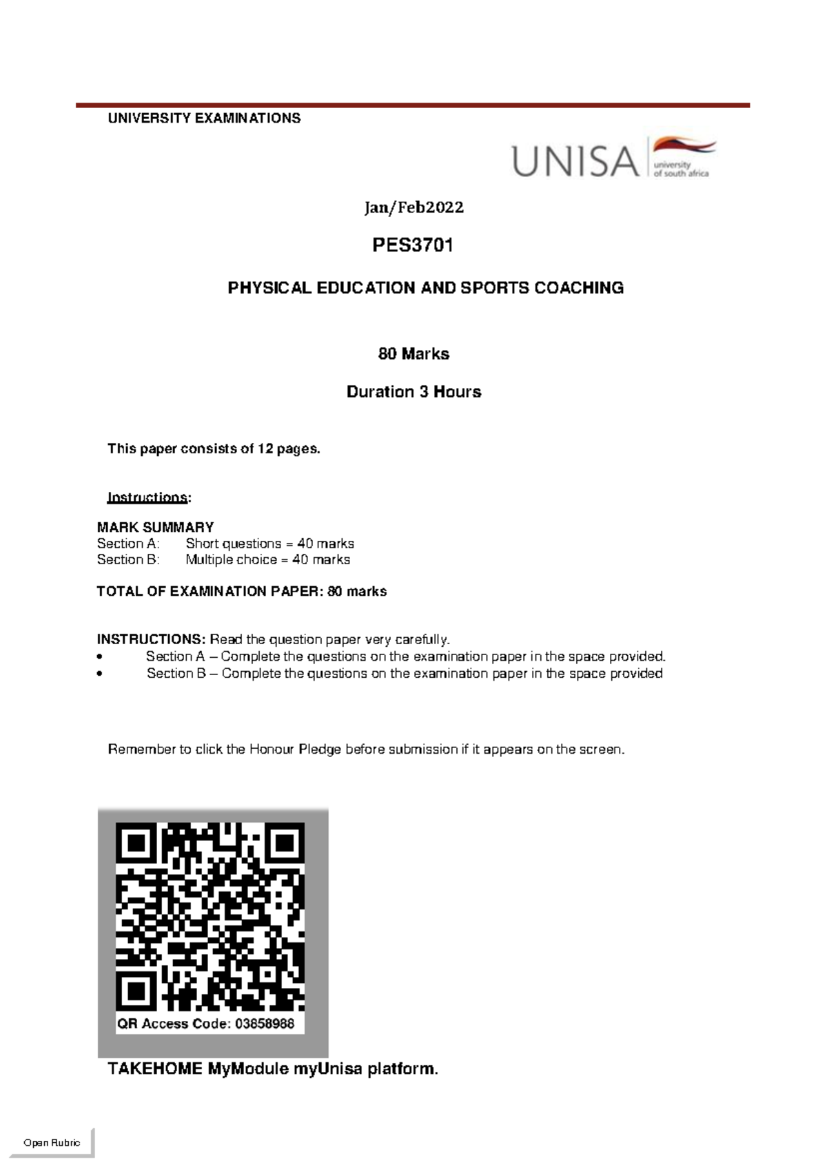 PES3701 Past Paper 2 - Physical Education and Sports Coaching Exam ...