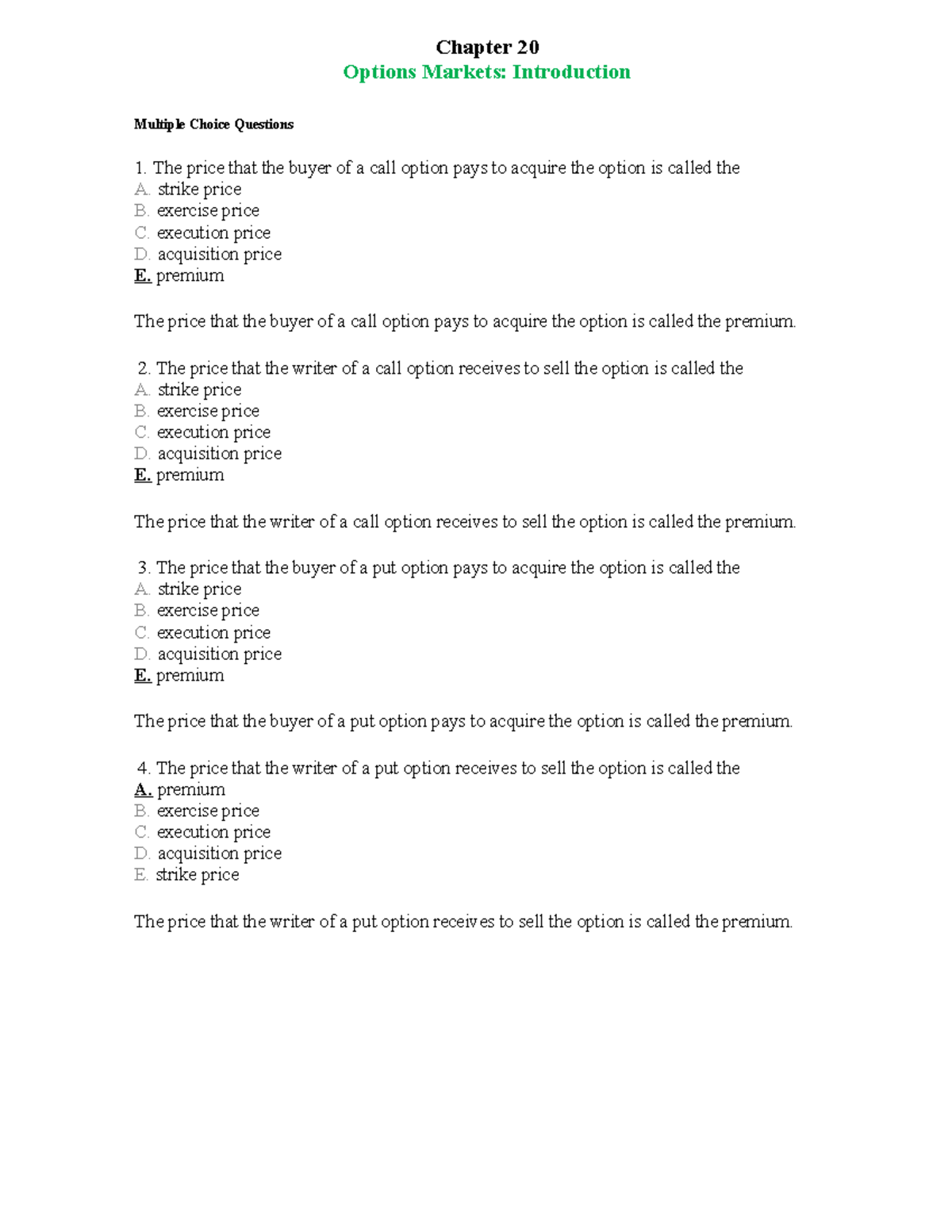Ch20 Intro to Options Markets: Key MCQs and Concepts - Studocu