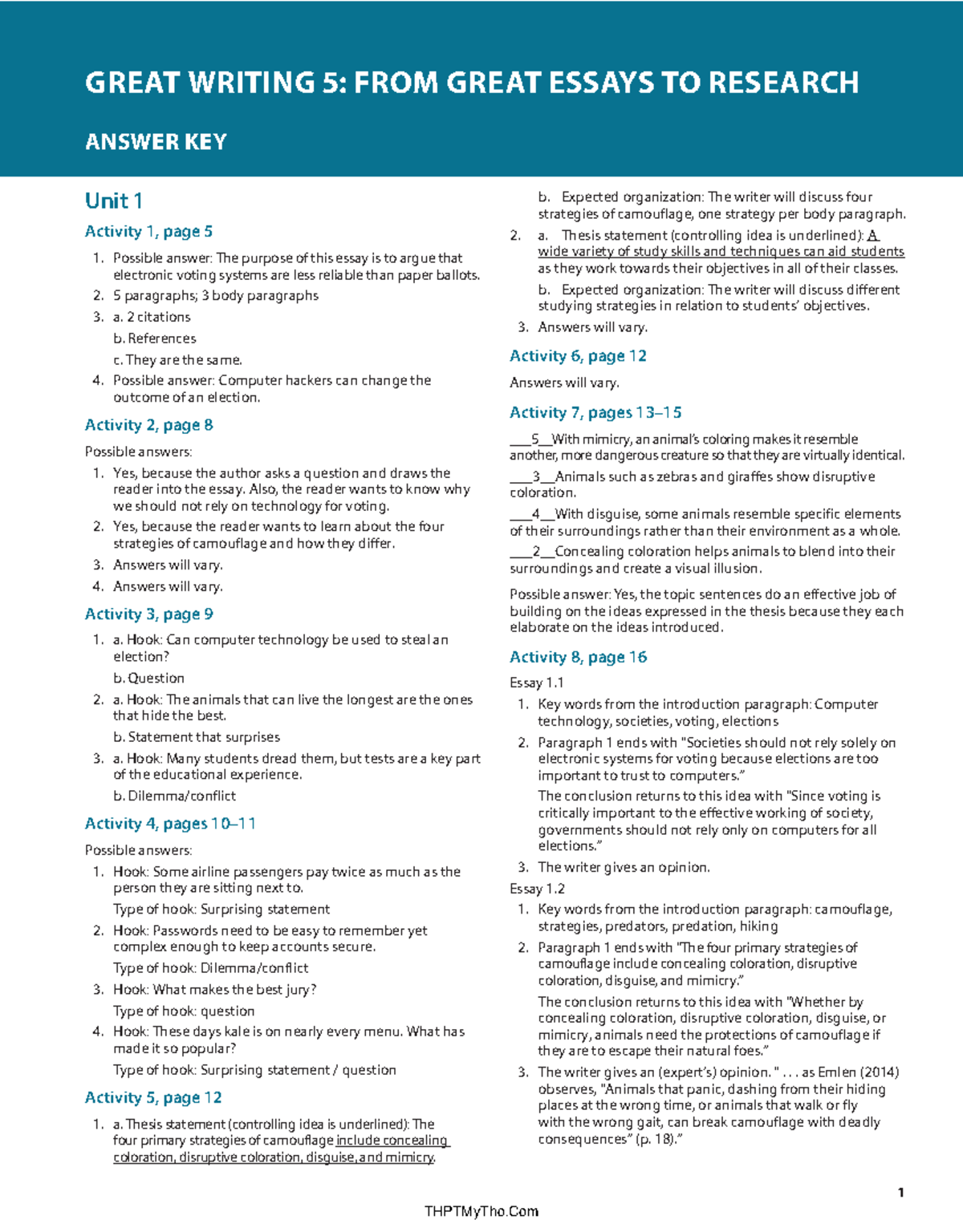 Great Writing 5: From Great Essays to Research - Answer Key - Studocu