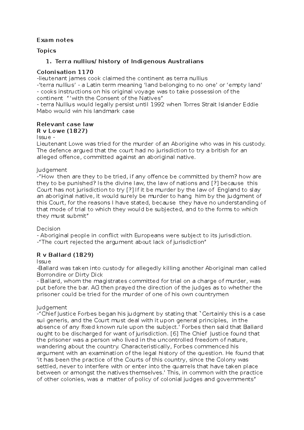 Exam Notes: Indigenous Australians, Terra Nullius, and Legal Cases ...