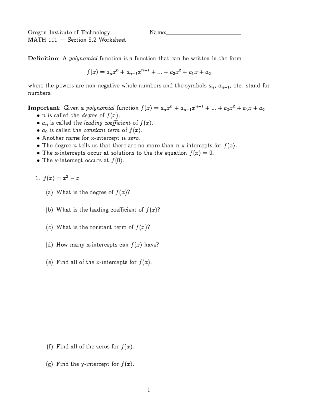 MATH 111 - Section 5.2 Polynomial Functions Worksheet and Definitions ...