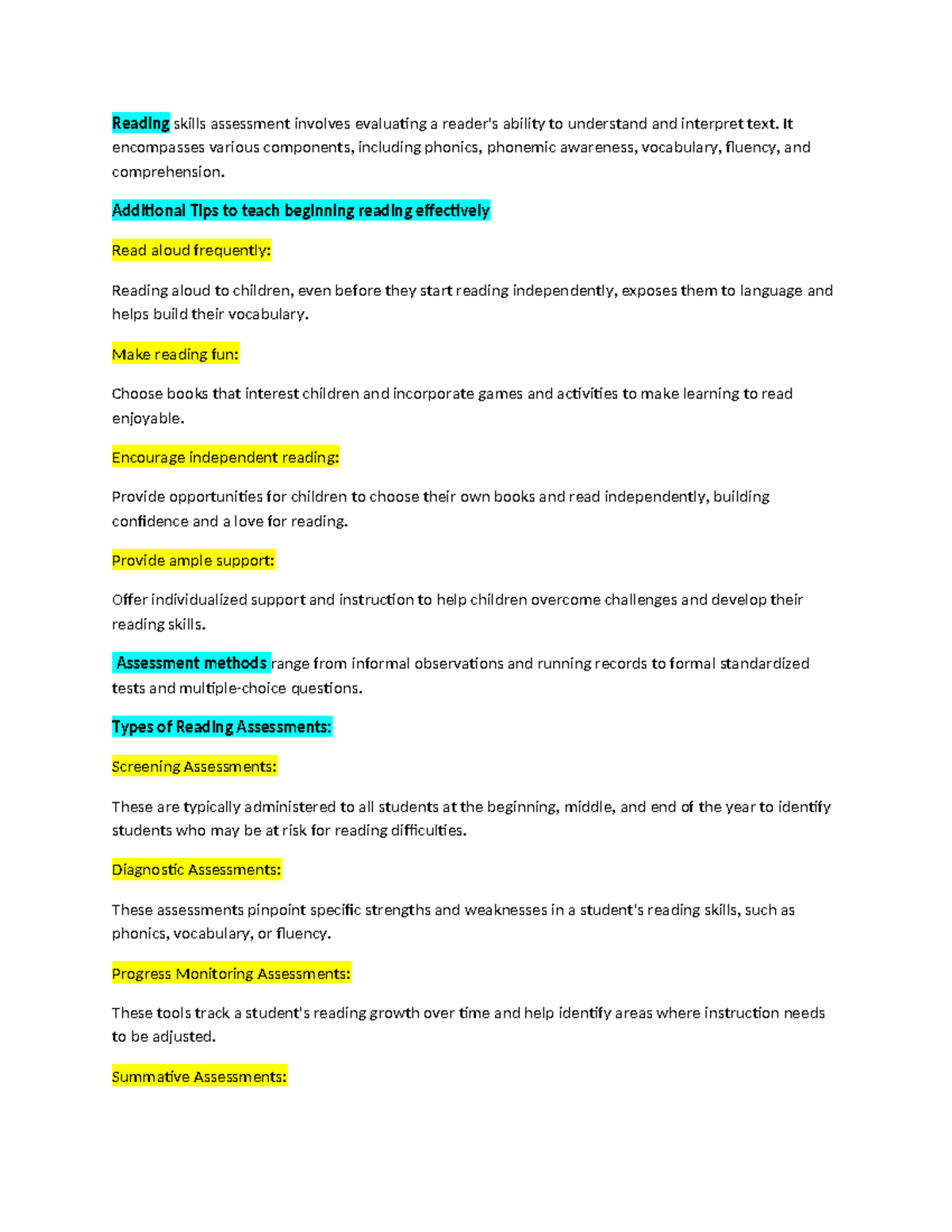 Reading Skills Assessment: Methods and Effective Teaching Tips - Studocu