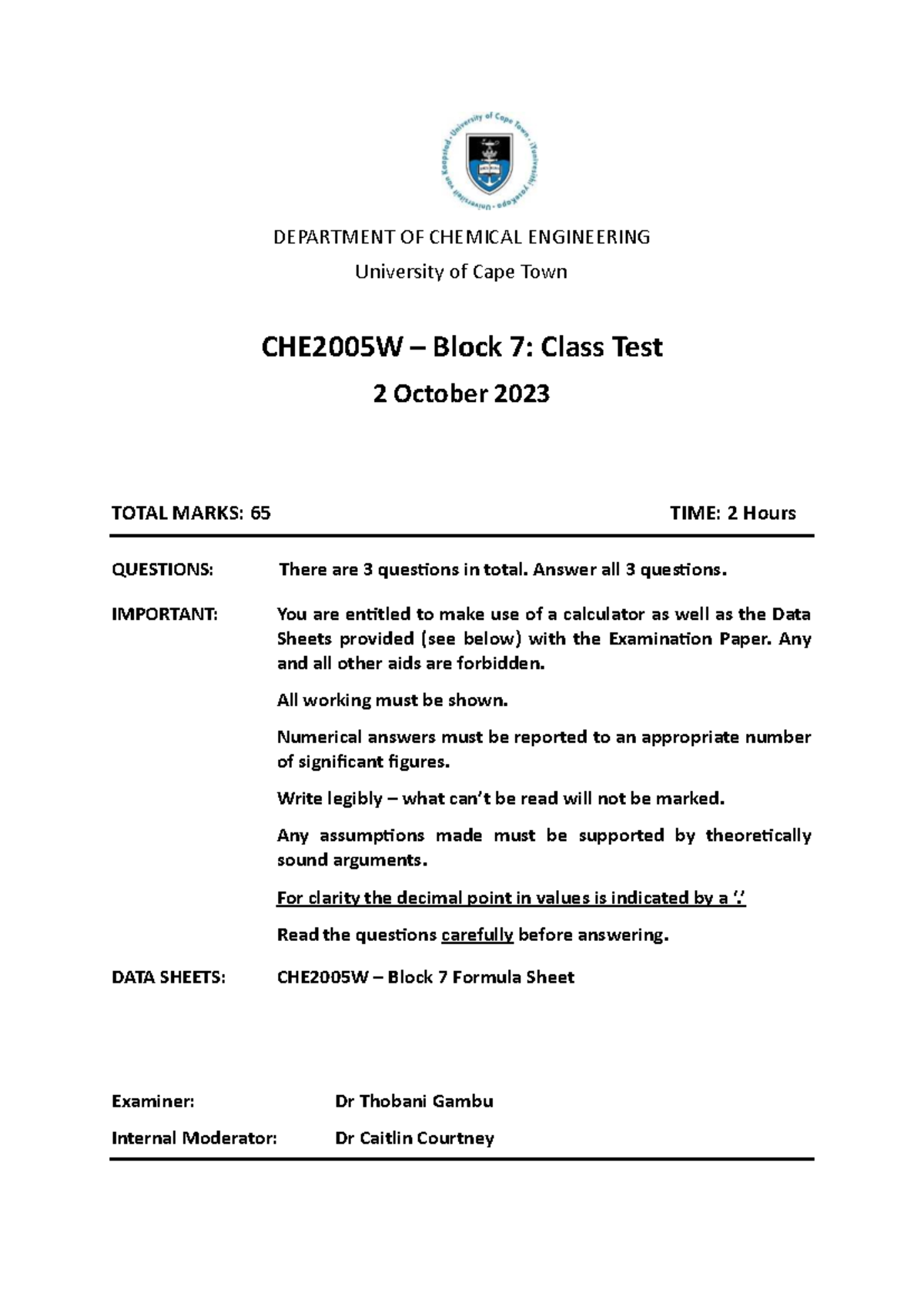 CHE2005W Block 7: Class Test 2 - October 2023 Exam Paper - Studocu