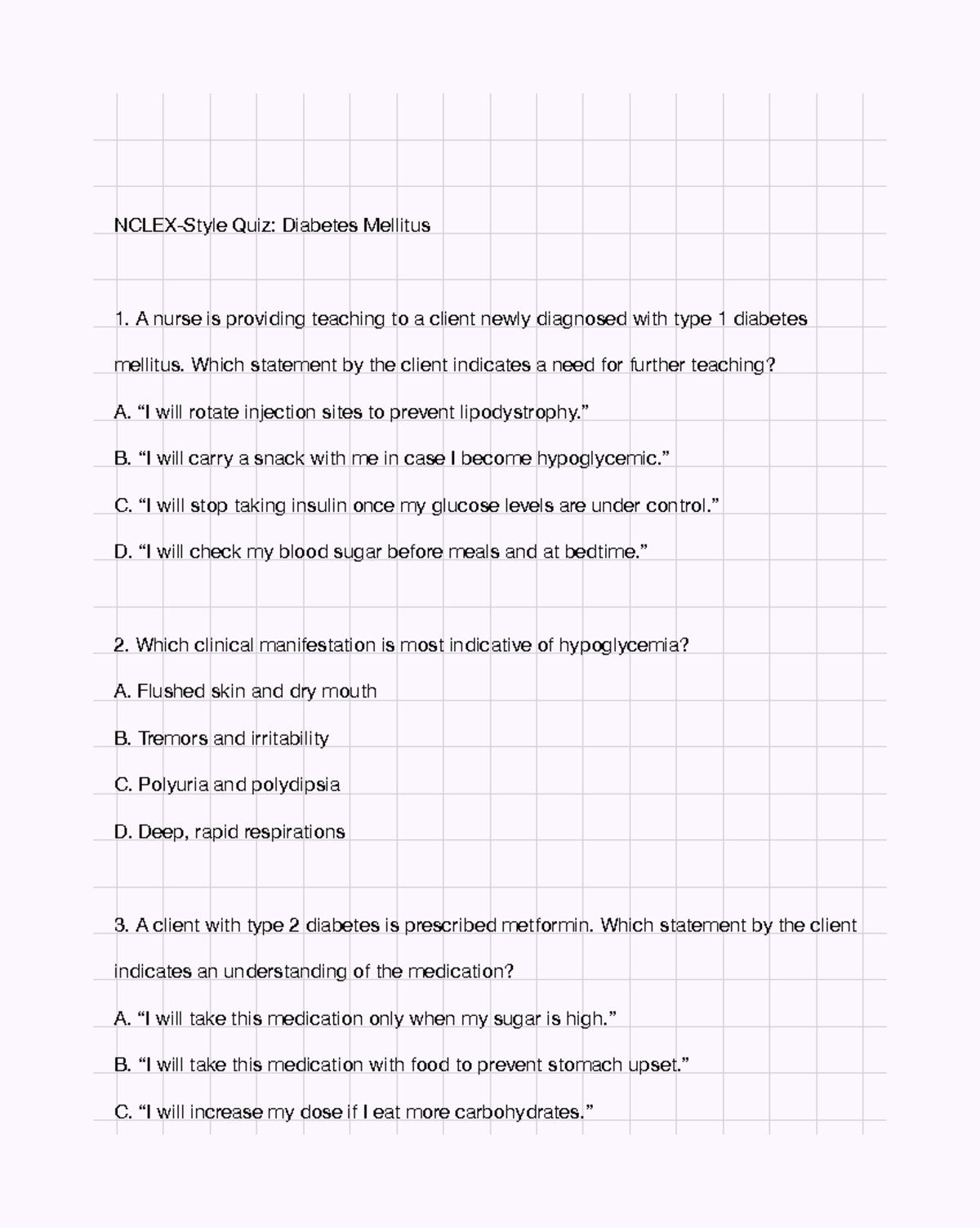 Quiz: Diabetes Mellitus Review Questions and Answers - Studocu