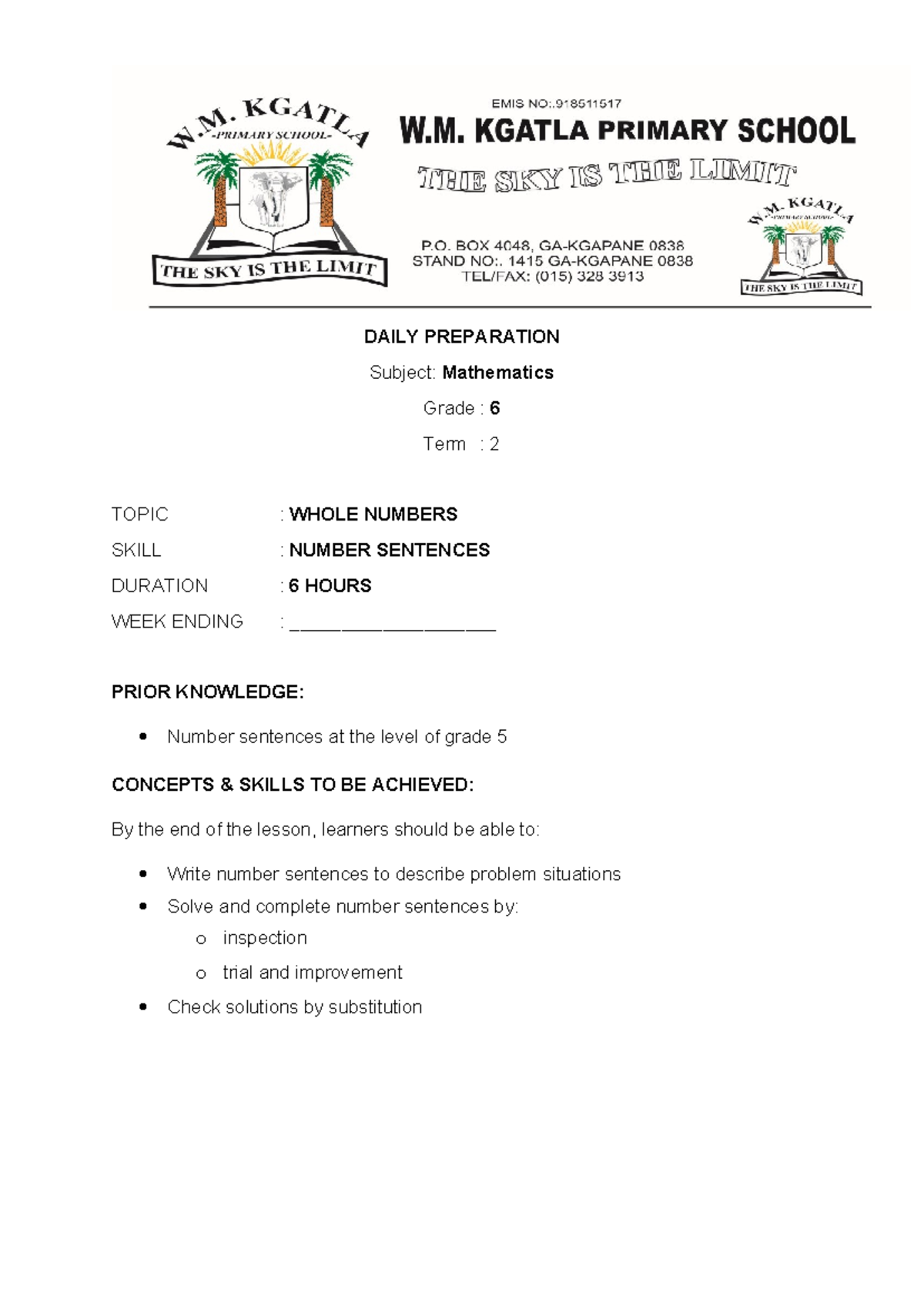 Math 6 - Lesson Prep: Number Sentences for Whole Numbers Chapter - Studocu