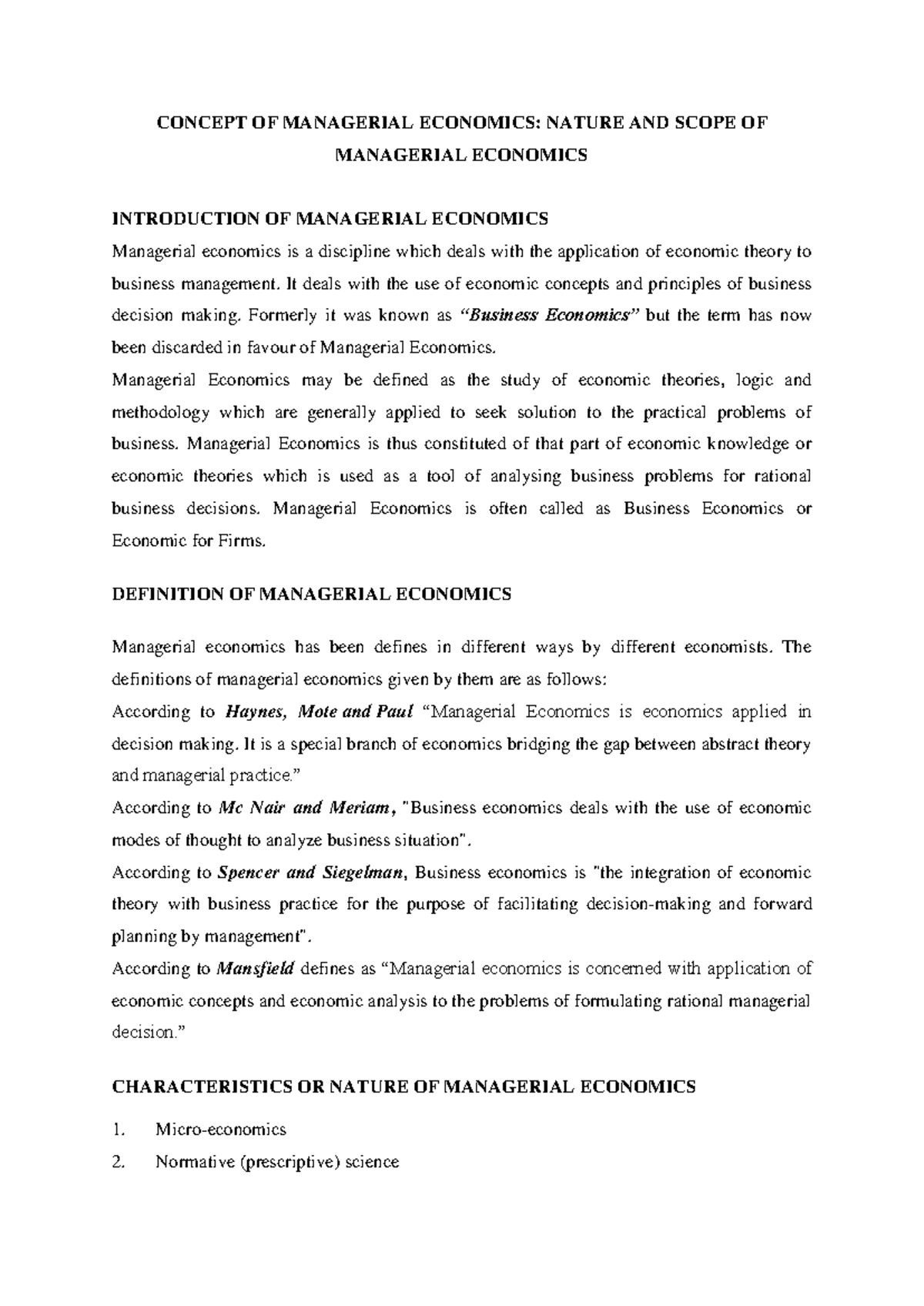 Managerial Economics Notes - CONCEPT OF MANAGERIAL ECONOMICS: NATURE ...