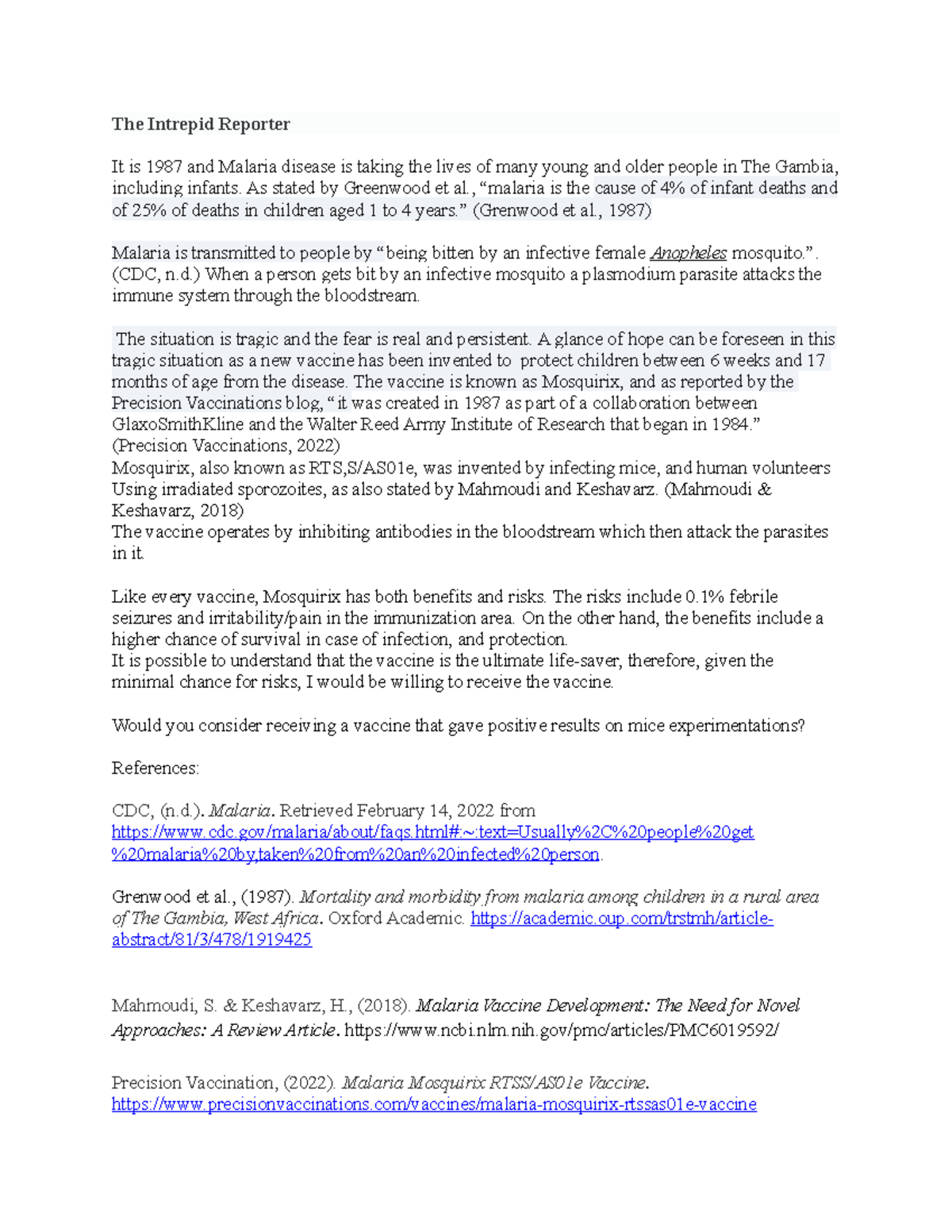 Discussion Post Unit 3: Malaria and the Mosquirix Vaccine Insights ...