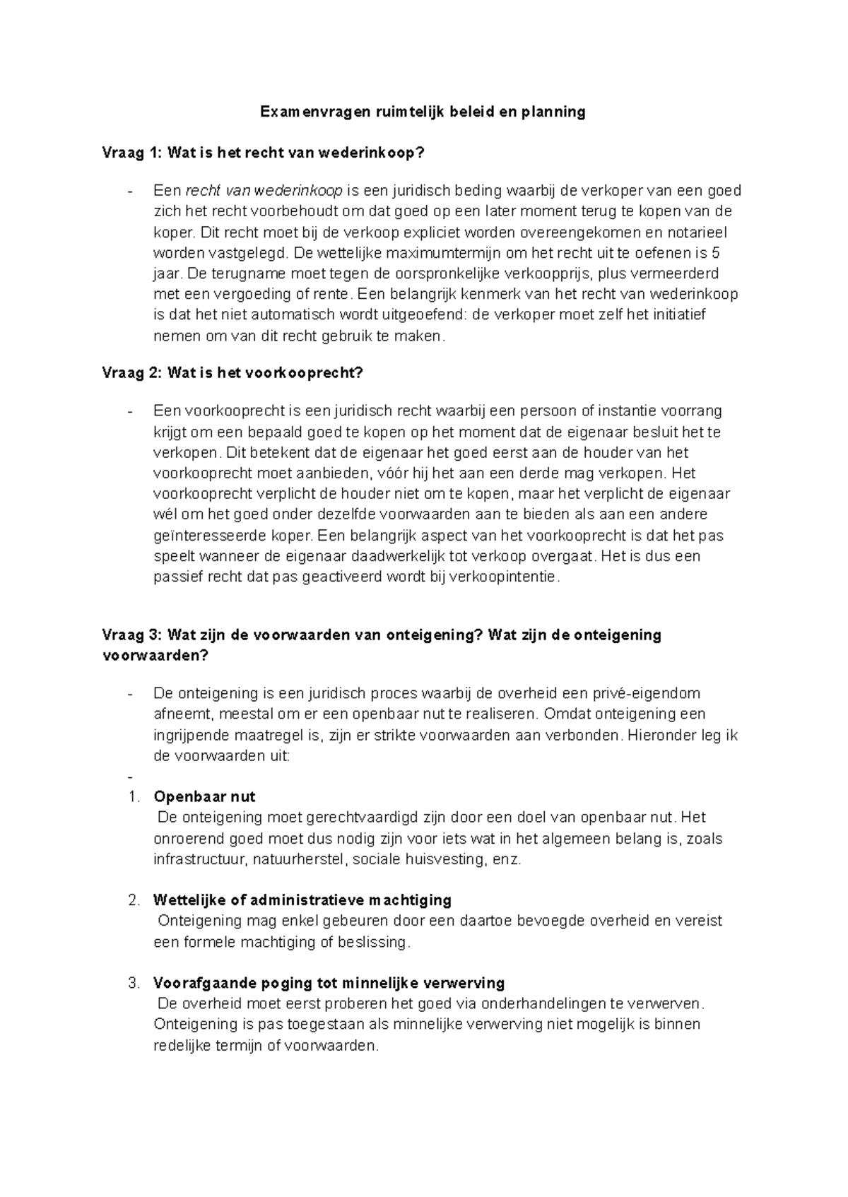 Examenvragen Ruimtelijk Beleid en Planning: Juridische Aspecten en ...