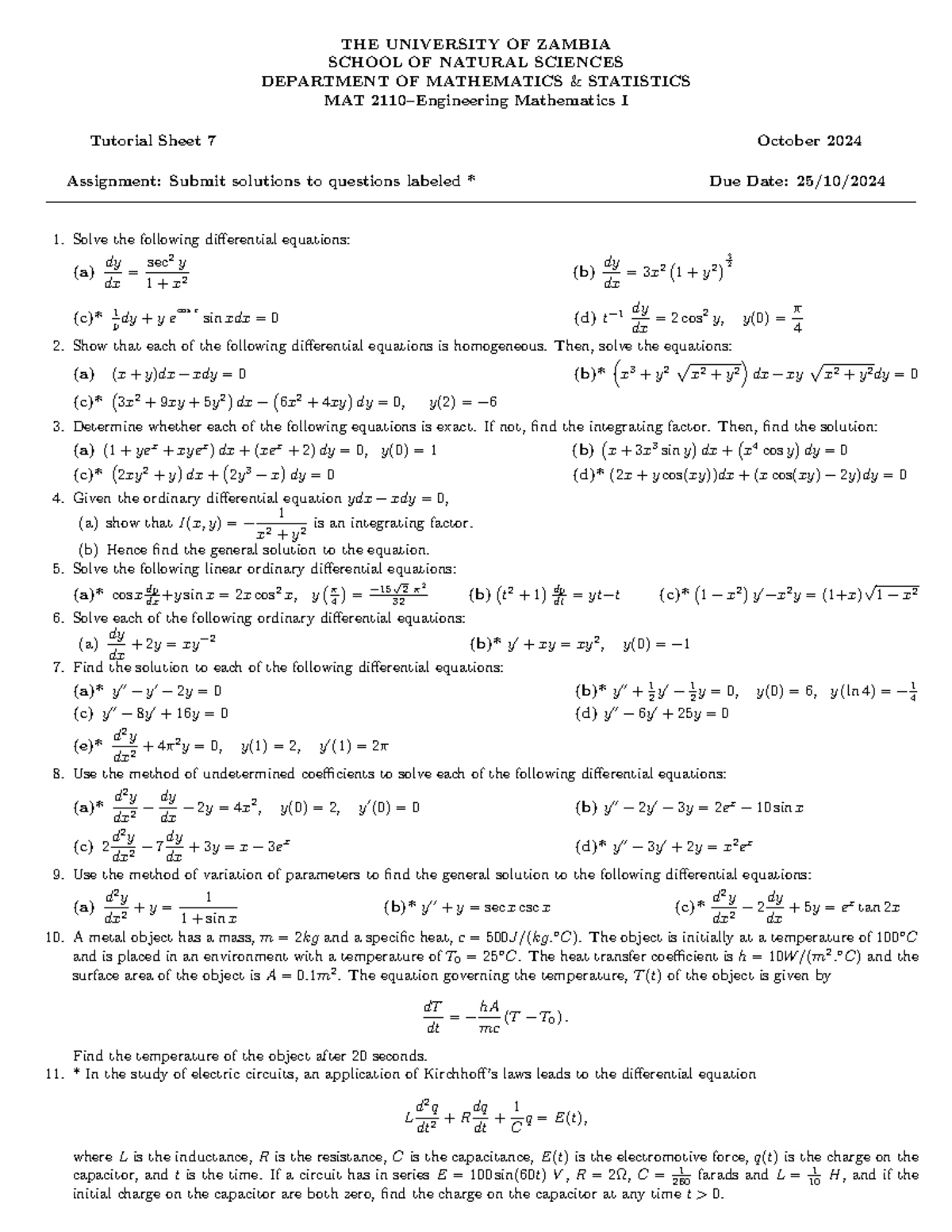 MAT 101 - Mathematics I Tutorial Sheet 7: Differential Equations ...