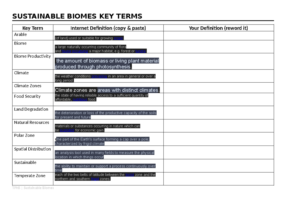 1.3 Sustainable Biomes Glossary - SUSTAINABLE BIOMES KEY TERMS Key Term ...
