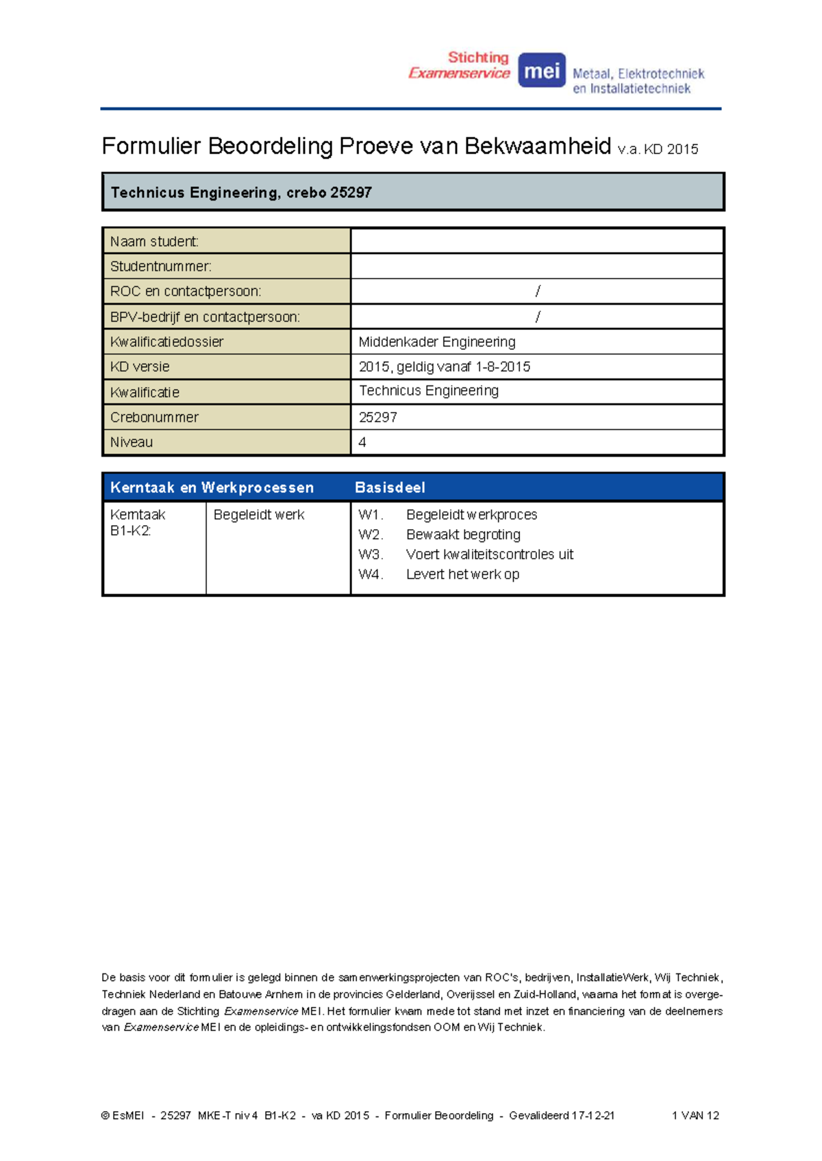 Beoordelingsformulier Proeve van Bekwaamheid Technicus Engineering ...