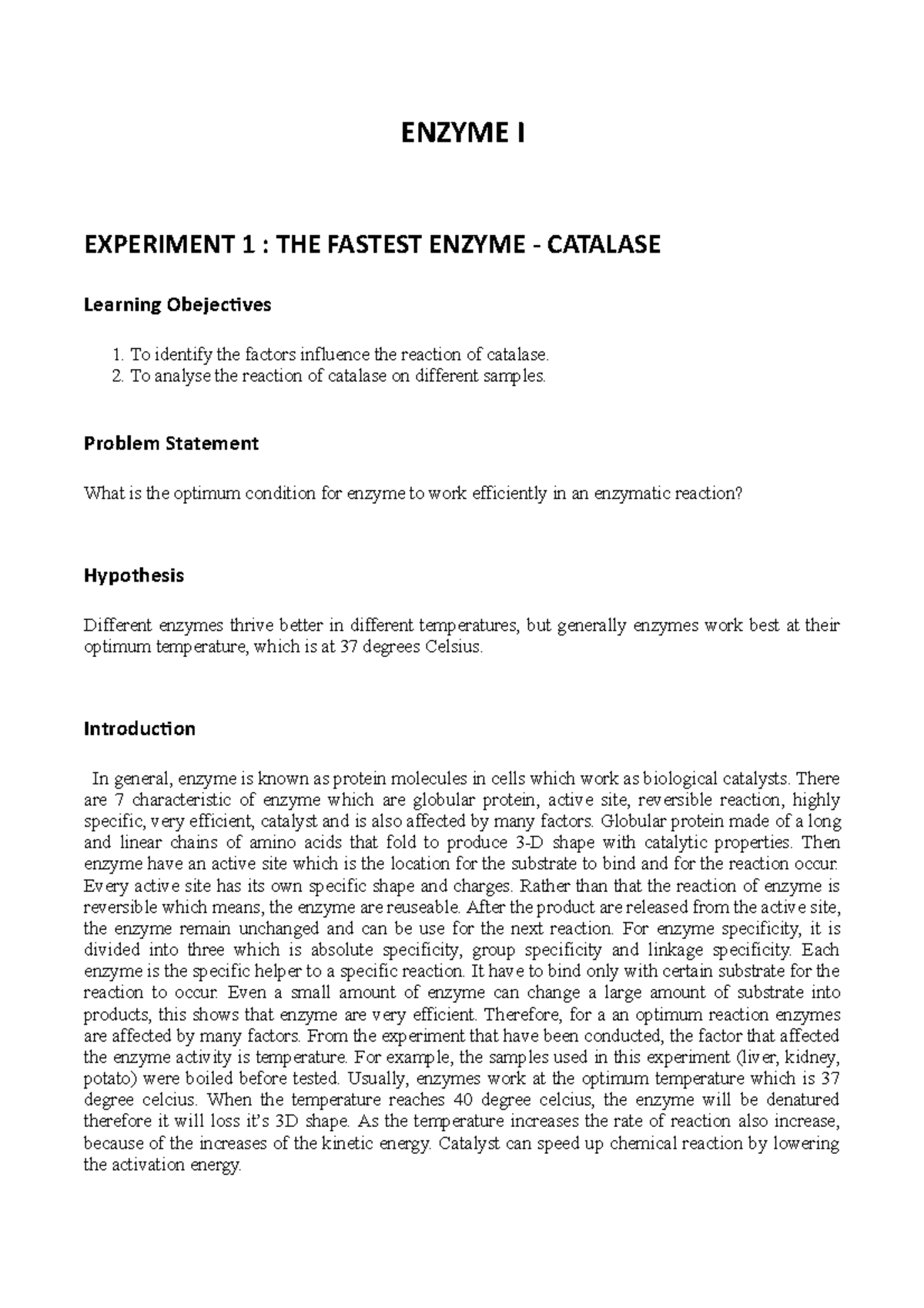 Enzyme I Experiment SEM 2 - ENZYME I EXPERIMENT 1 : THE FASTEST ENZYME ...