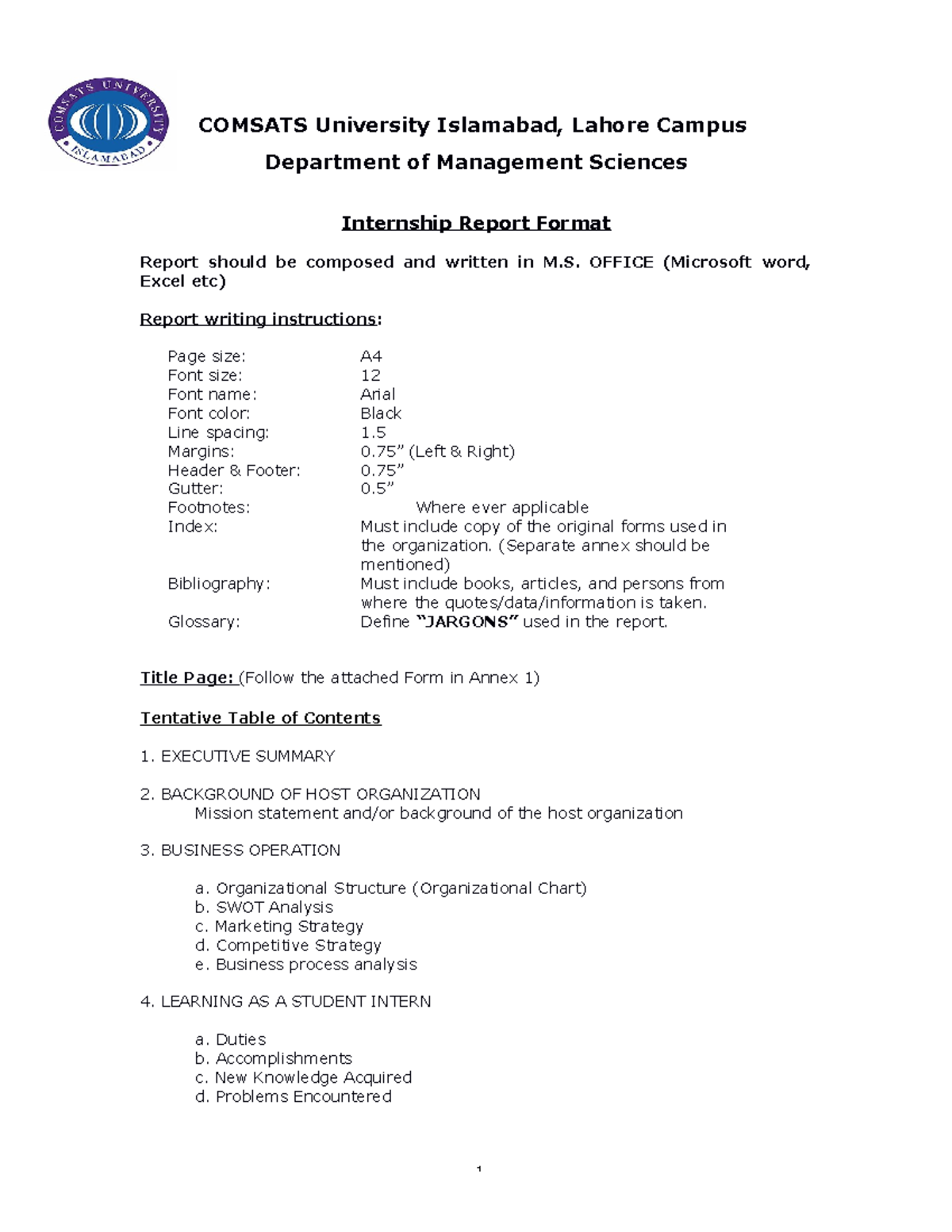 Internship Report Format - Guidelines for COMSATS Students - Studocu