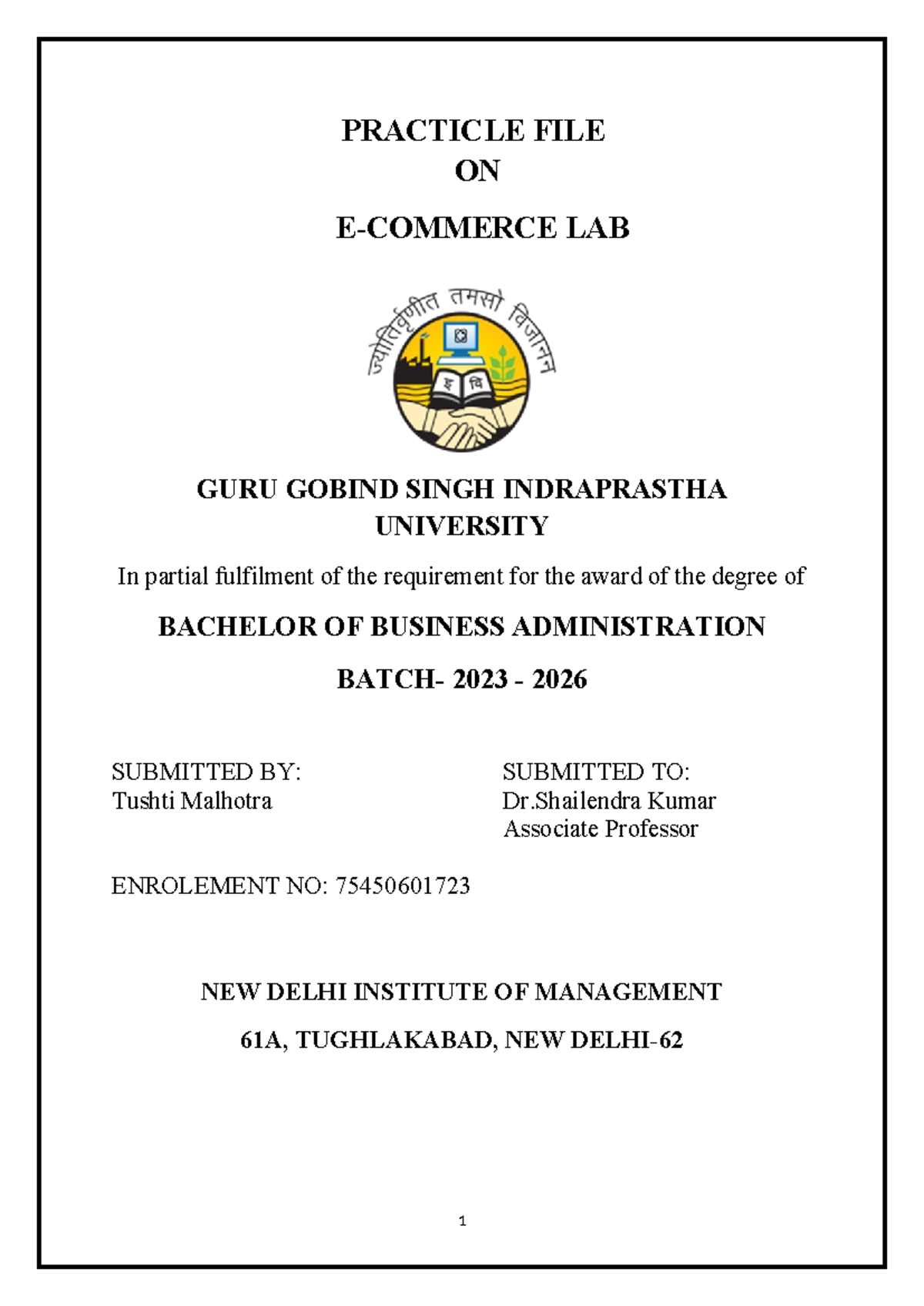 E-Commerce Lab Practical File - BBA Batch 2023-2026 - Studocu