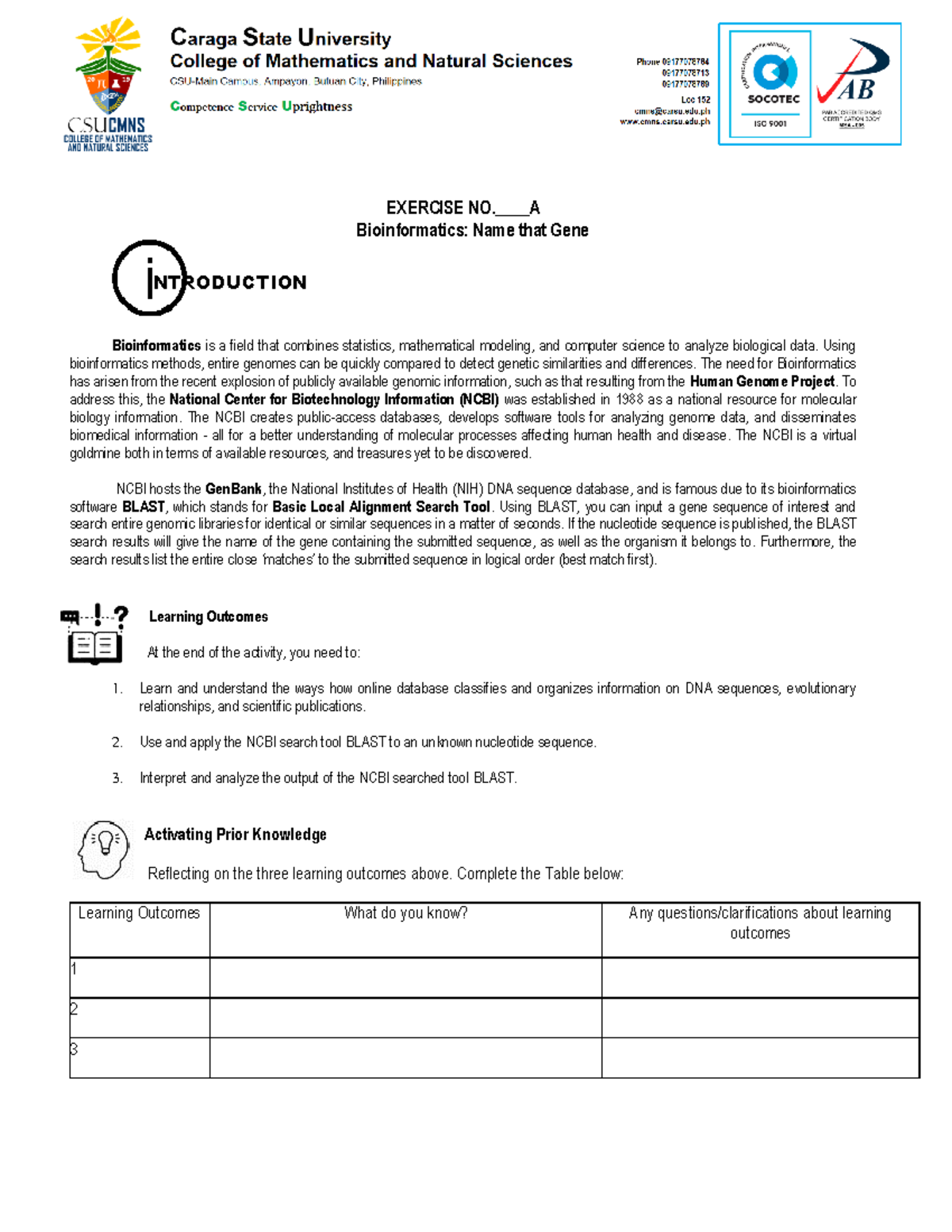 Exer 5 Bioinformatics Laboratory Activity Exercise No A