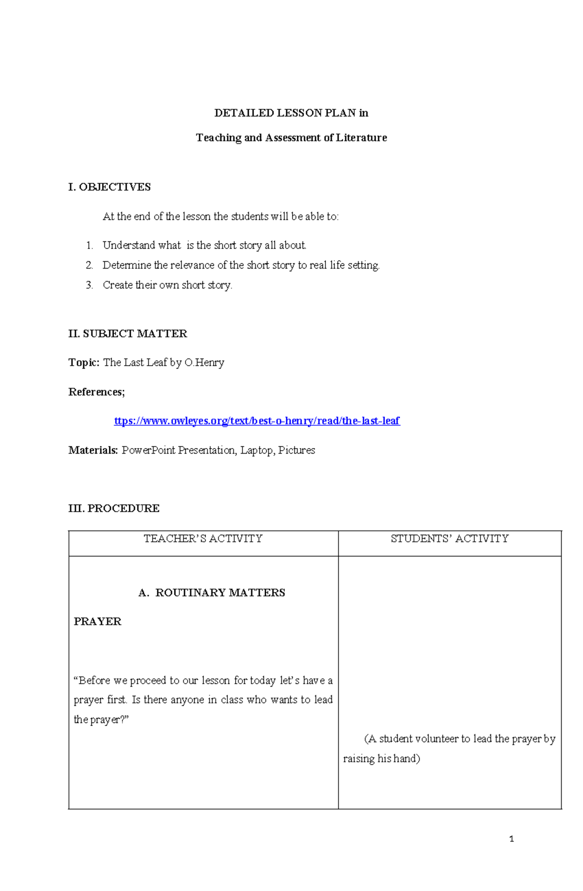 Lesson Plan: Teaching "The Last Leaf" by O. Henry - Studocu
