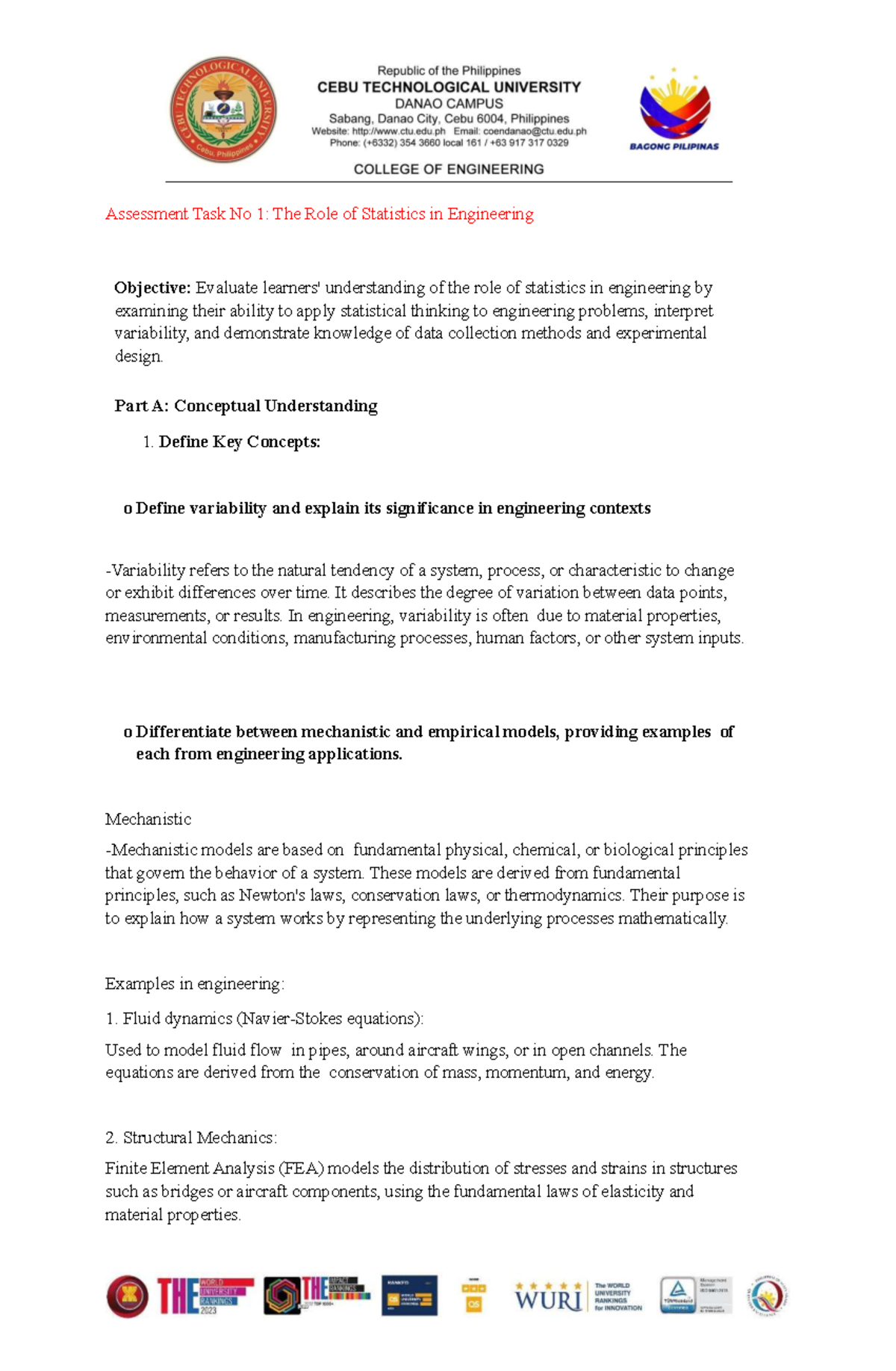 Assessment Task 1: The Role of Statistics in Engineering Analysis - Studocu