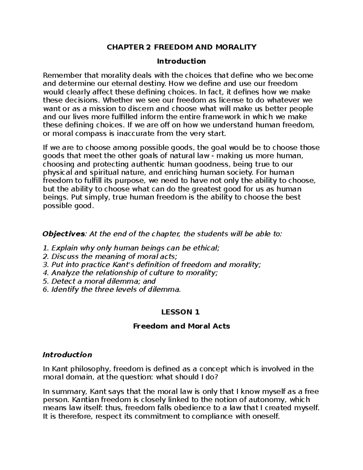 Chapter 2: Freedom and Morality - Key Concepts and Kantian Ethics - Studocu