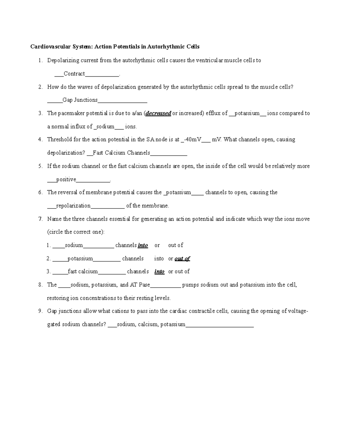 Cardiovascular IP Action Potentials in Autorhythmic Cells Worksheet ...