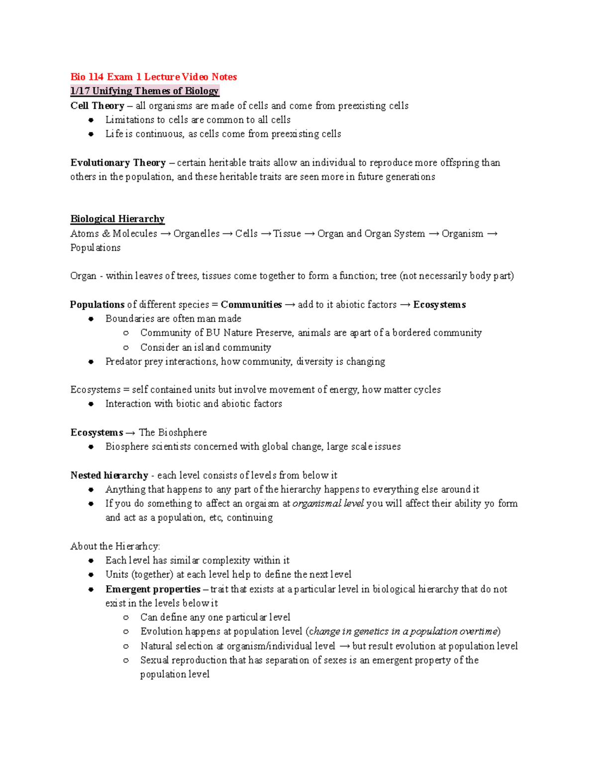 Bio 114 Exam 1 Lecture Notes: Unifying Themes in Biology and Evolution ...