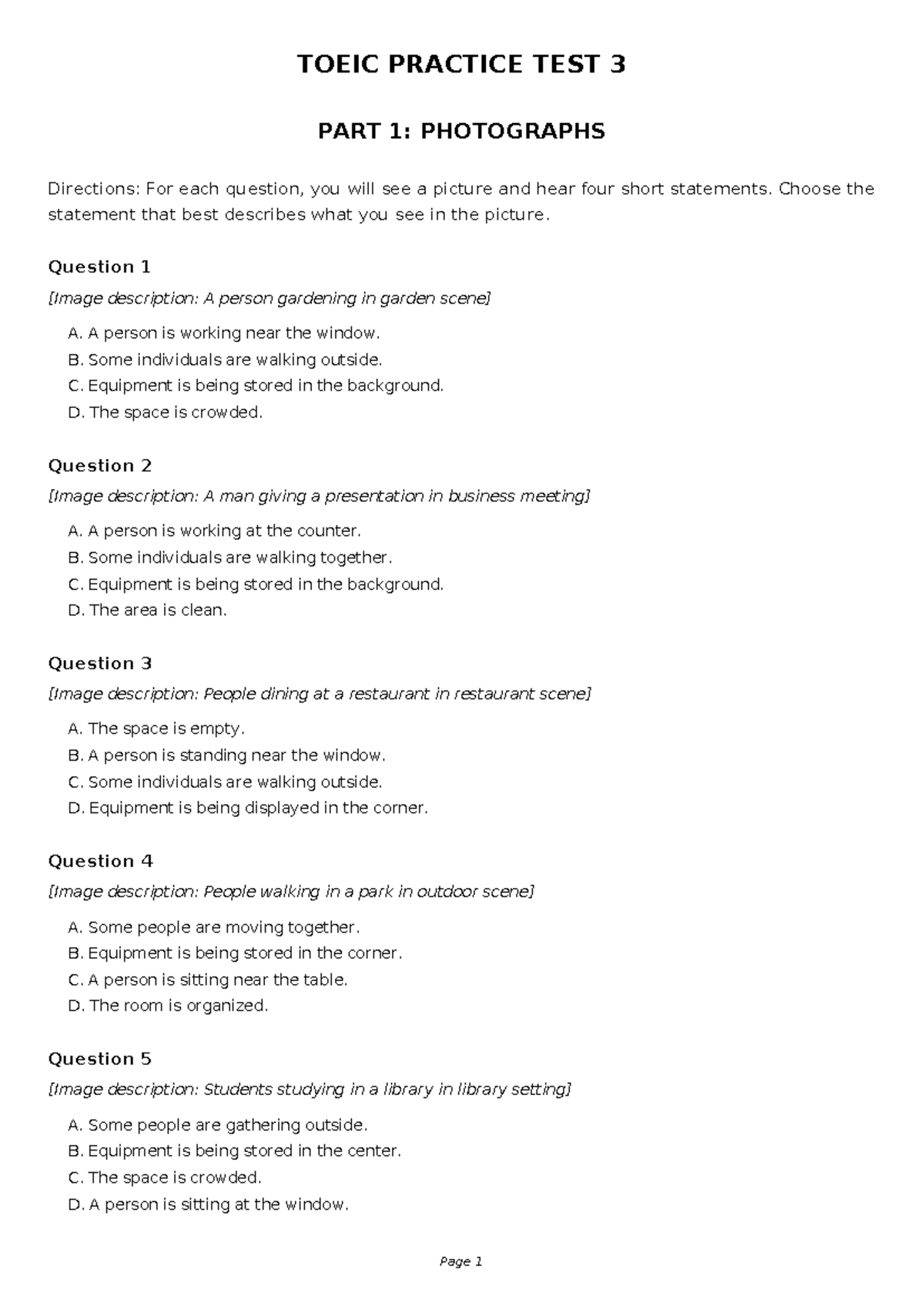 TOEIC Practice Test 03: Part 1 - Photographs Descriptions - Studocu