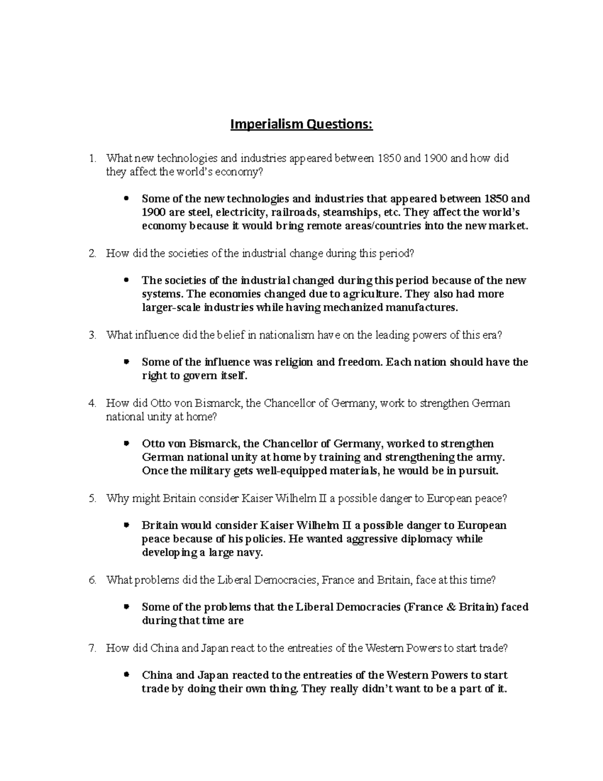Imperialism Review Questions: Key Concepts and Events (HIST101) - Studocu