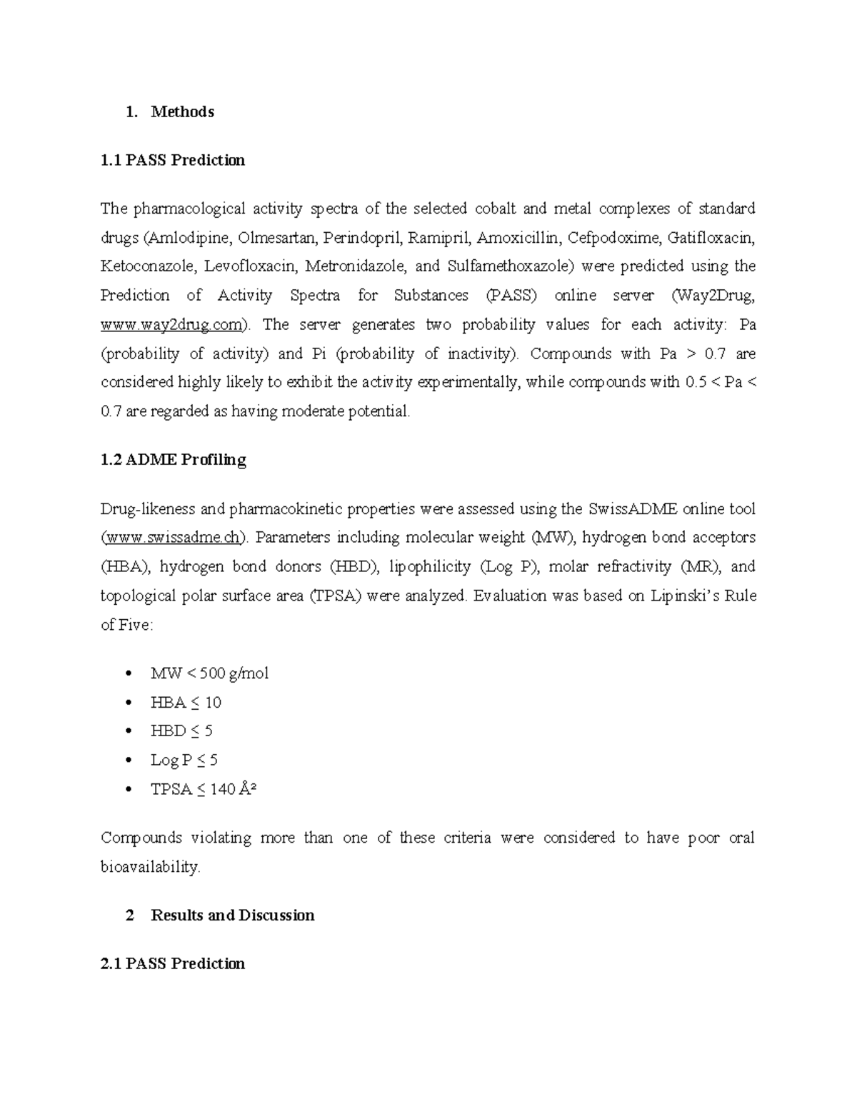 PASS Prediction and ADME Profiling of Cobalt Complexes in Drug ...