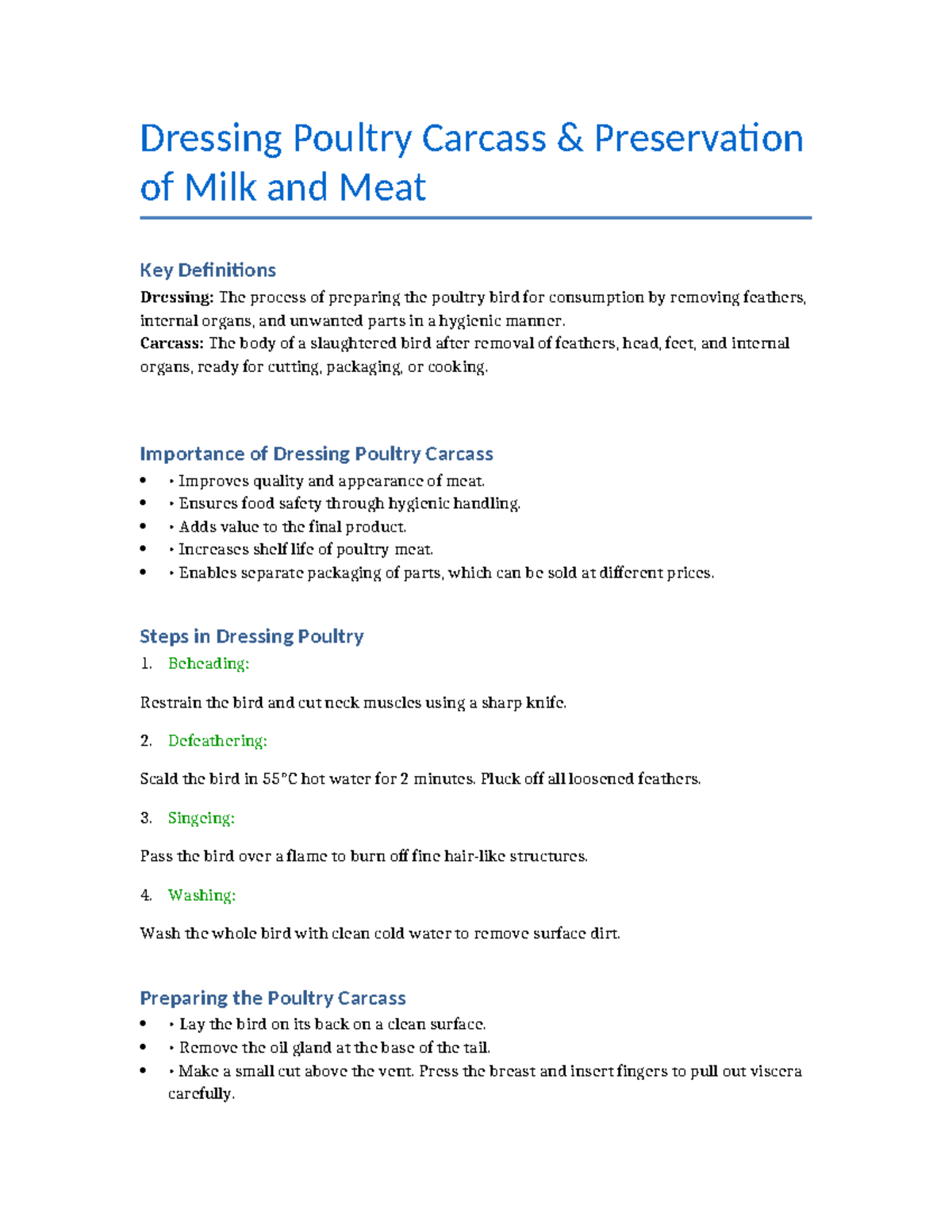 Dressing Poultry & Preserving Milk and Meat Study Notes - Studocu