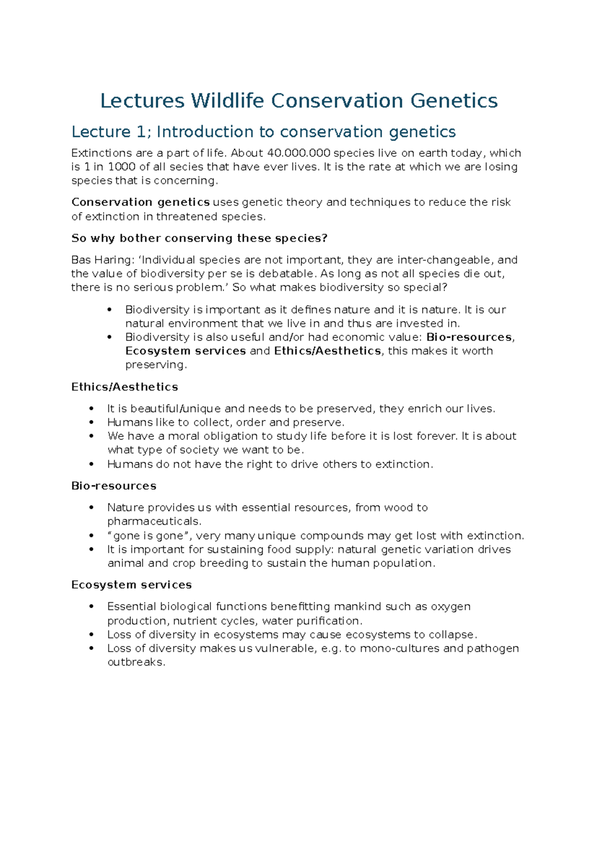 Wildlife Conservation Genetics Lecture Notes (Course Code: WCG101 ...