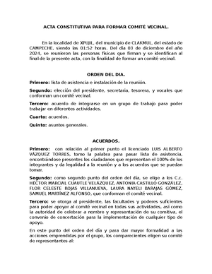 Acta para formar un comite vecinal - ACTA CONSTITUTIVA PARA FORMAR UN COMITÉ VECINAL En la ...