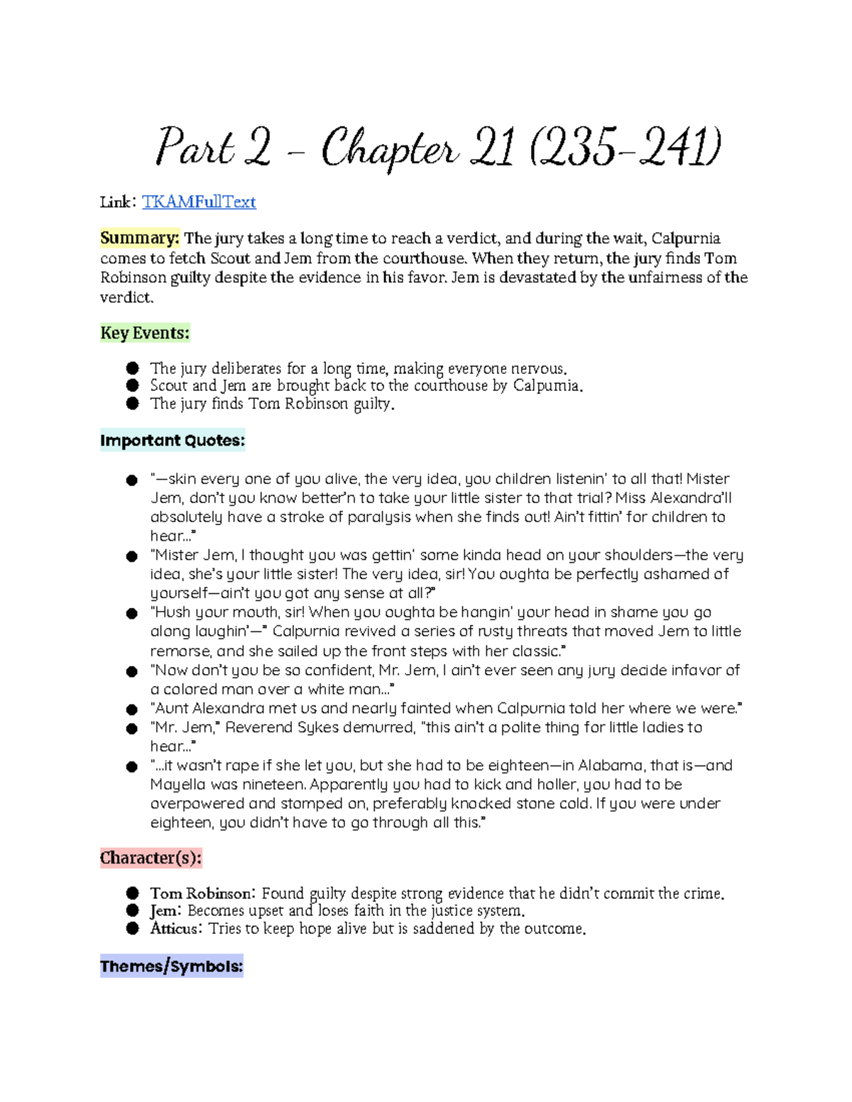 To Kill A Mockingbird Notes - Part 2: Chapters 21-31 Analysis - Studocu