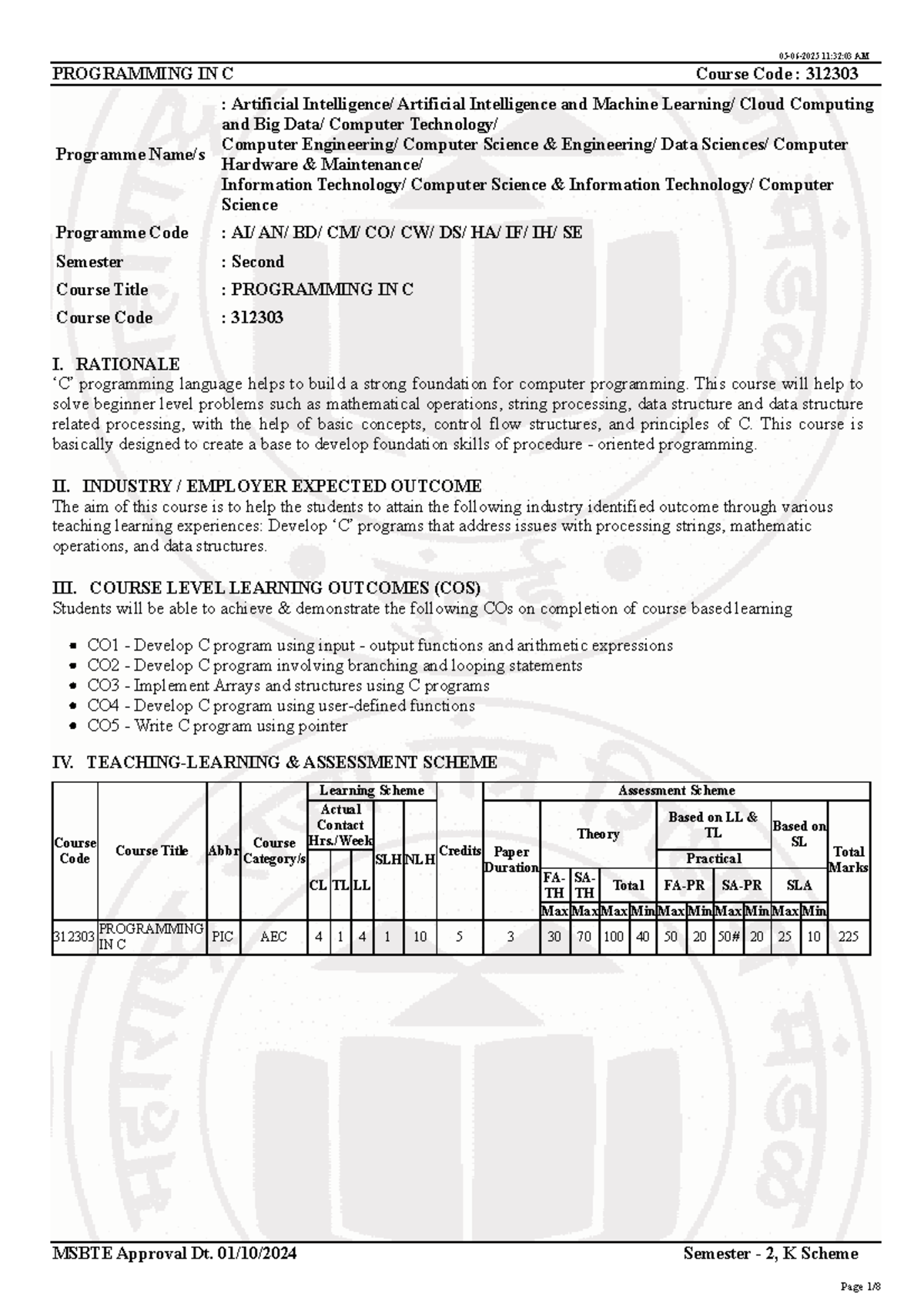 Programming in C - Course Code: 312303 - Semester 2 Overview - Studocu