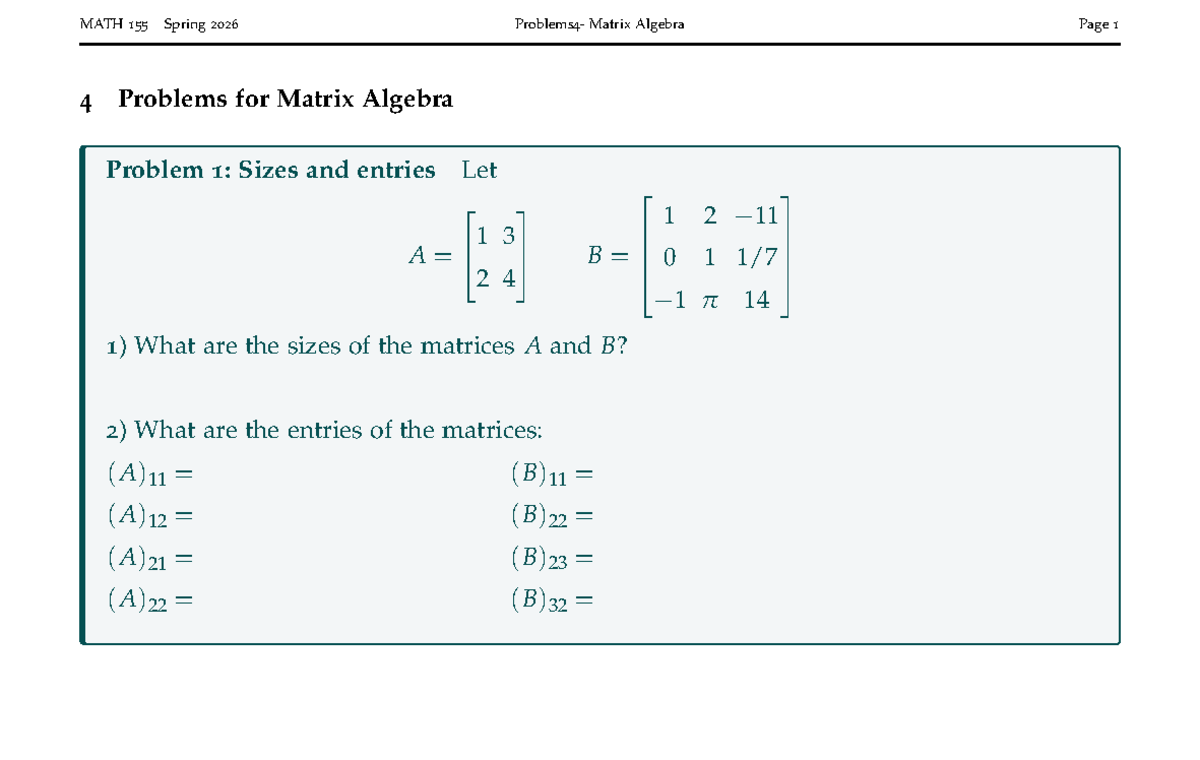 MATH 155 Spring 2026 Matrix Algebra Practice Problems - Studocu