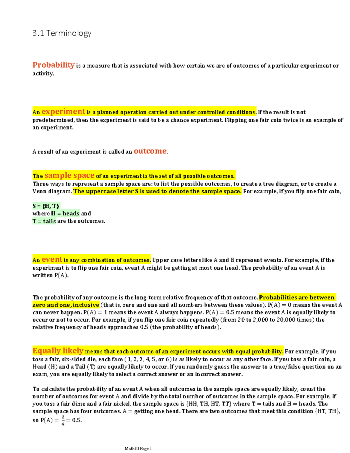 Math10 Probability Concepts: Terminology & Calculations Guide - Studocu