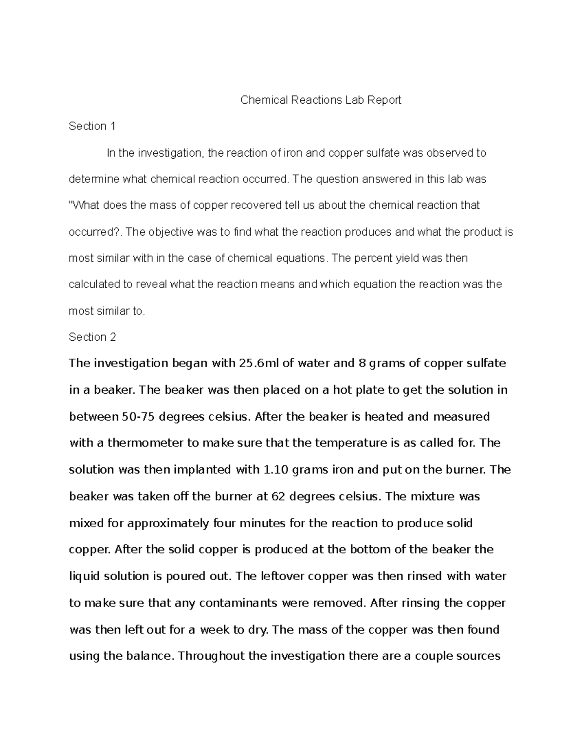Chemical Reactions Lab Report - Chemical Reactions Lab Report Section 1 ...