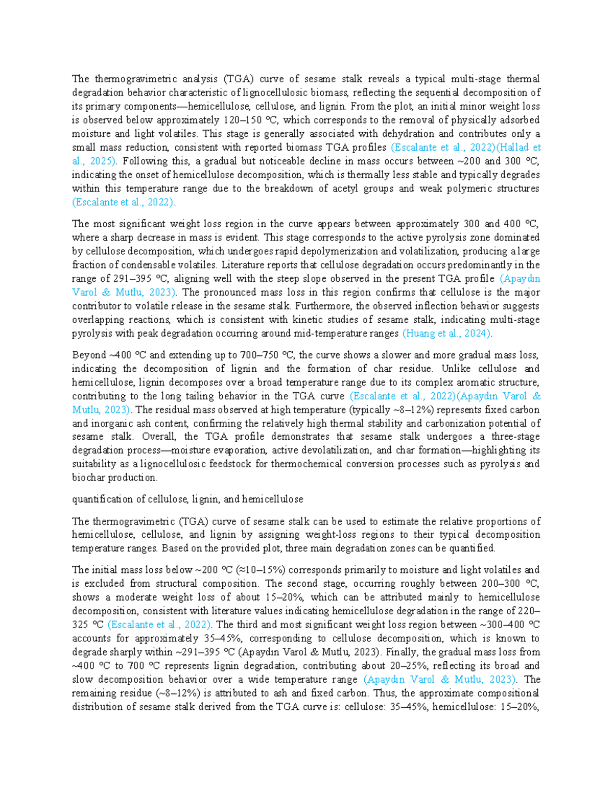 TGA Analysis of Sesame Stalk: Thermal Degradation of Lignocellulosic ...