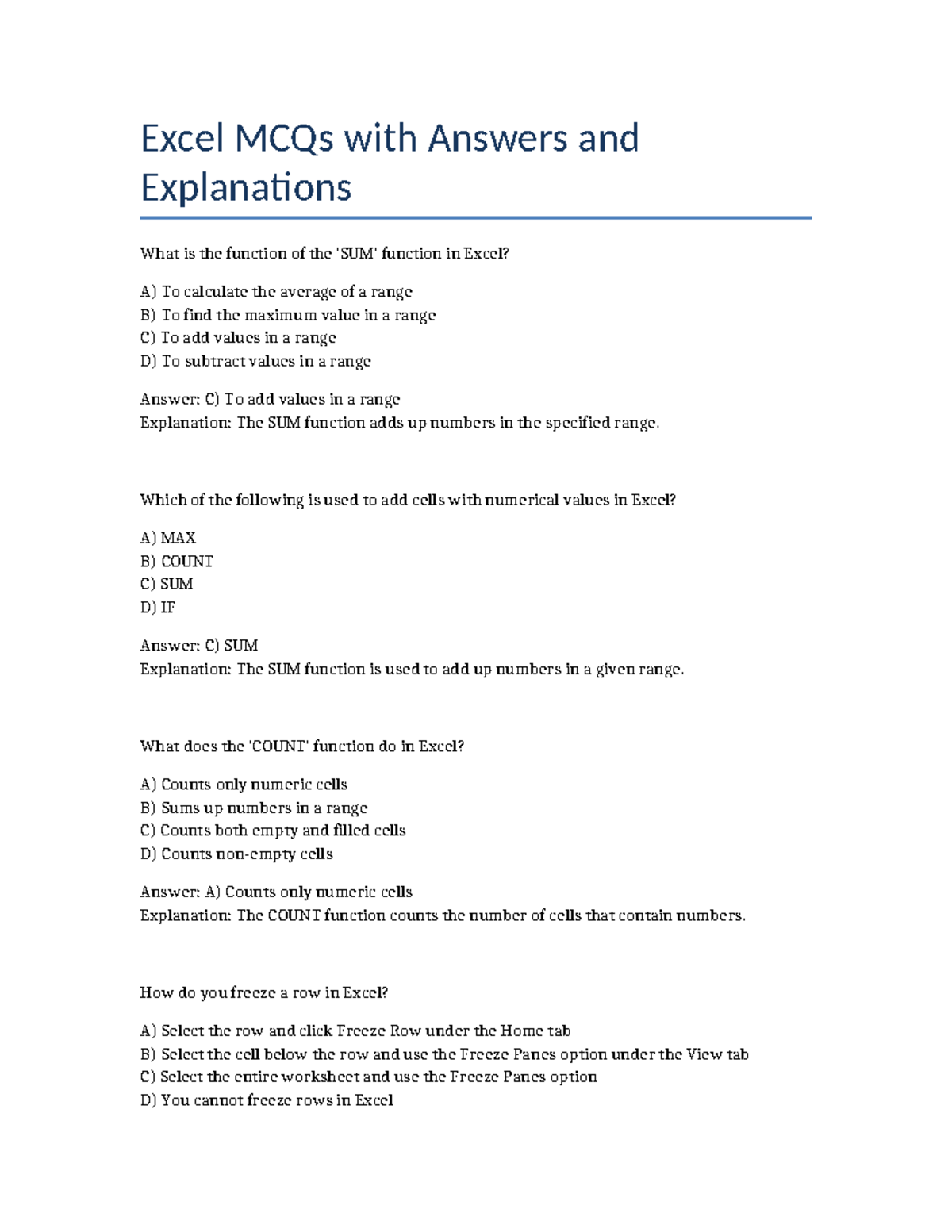 Excel MCQs (MCQ101) with Answers & Explanations for Mastery - Studocu