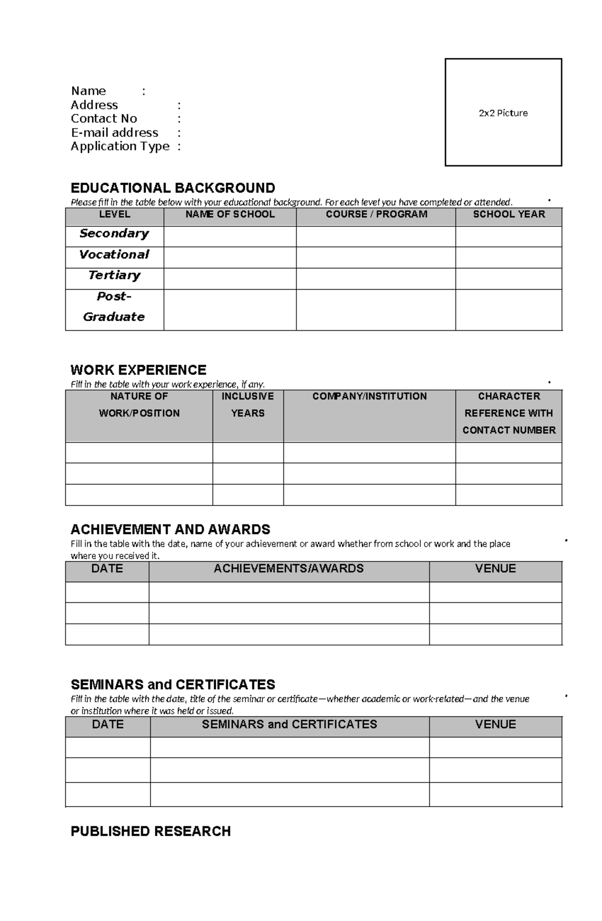 PCG Applicant Resume Format: Educational & Work Background - Studocu