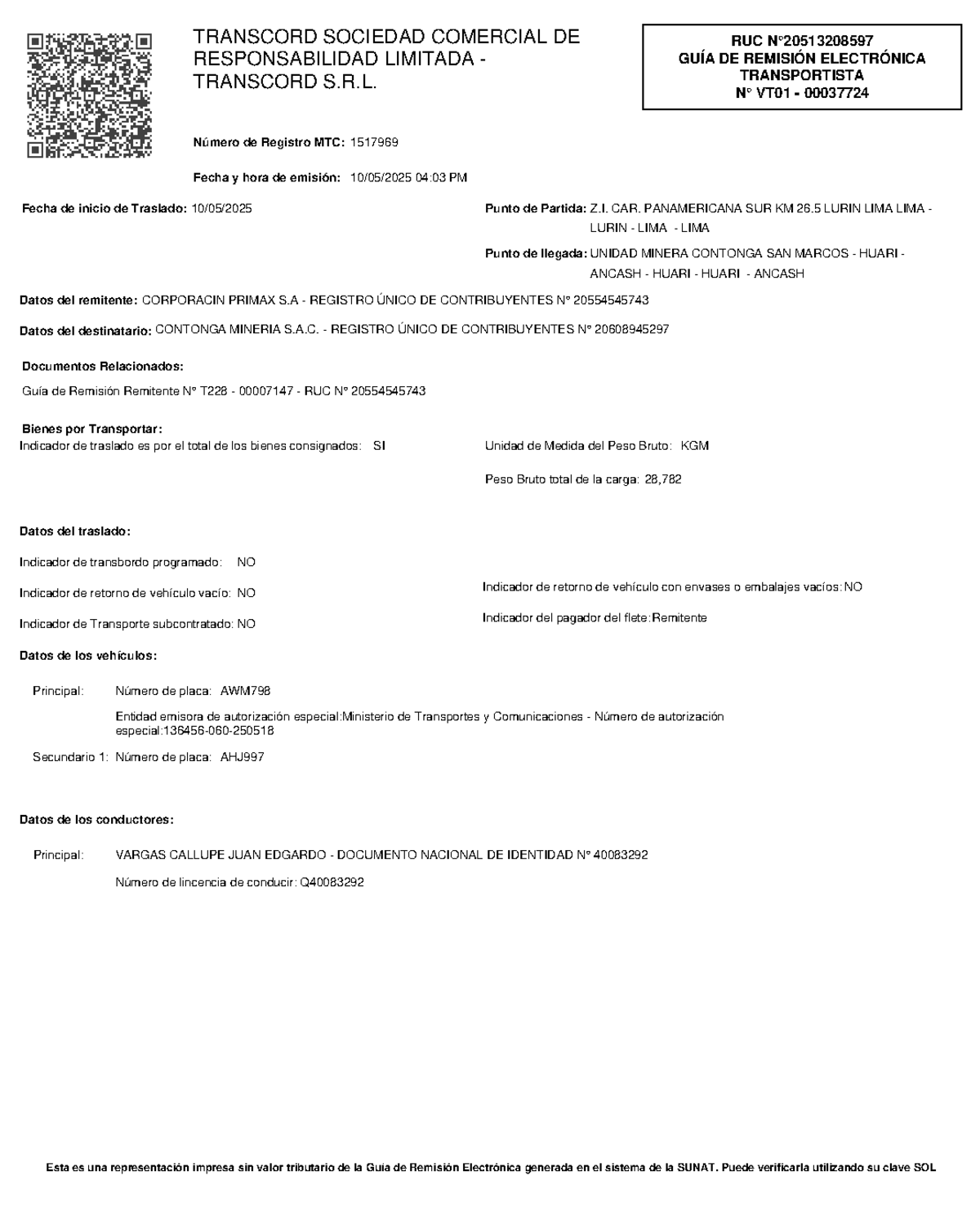 Guía de Remisión Electrónica VT01 - TRANSCORD S.R.L. 2023 - Studocu