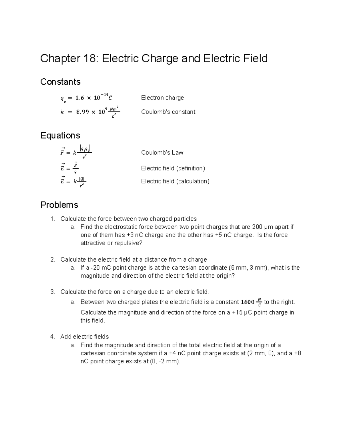 CH18 - Electric Charge & Electric Field Concepts and Calculations - Studocu