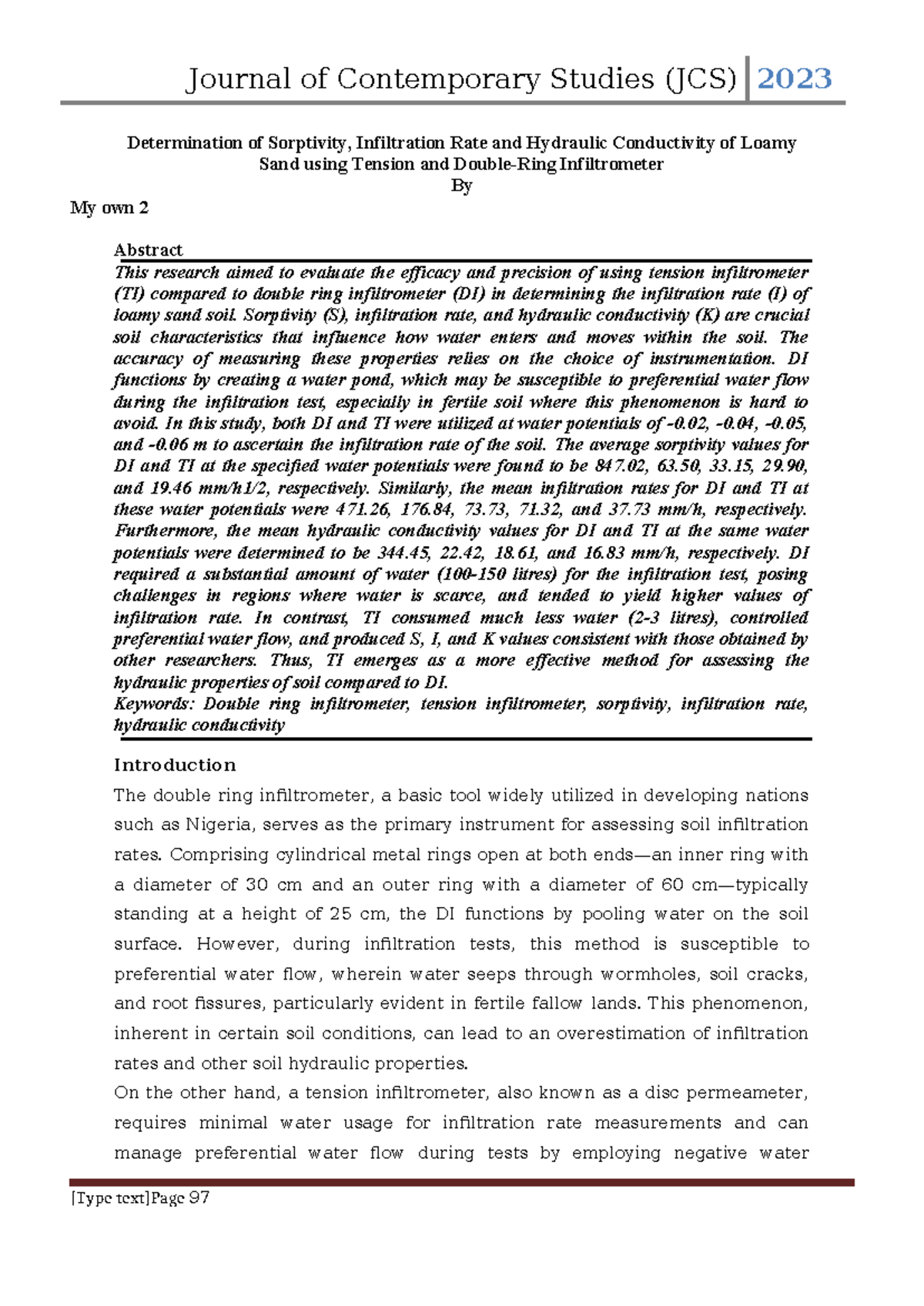 JCS 2023: Evaluating Sorptivity and Infiltration Rates in Loamy Sand ...