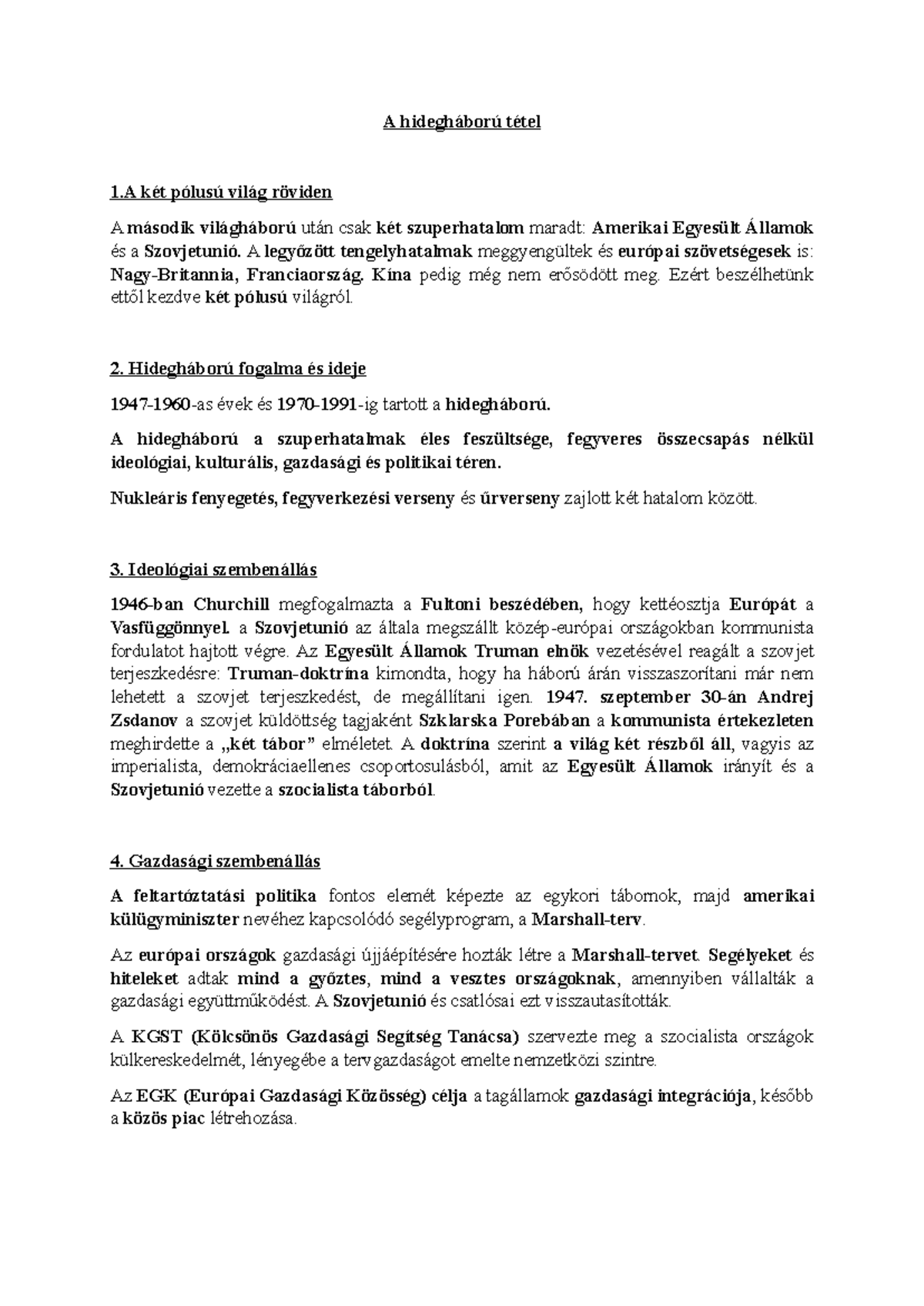 Hidegháború Tétel: A Két Pólusú Világ és Főbb Jellemzői - Studocu